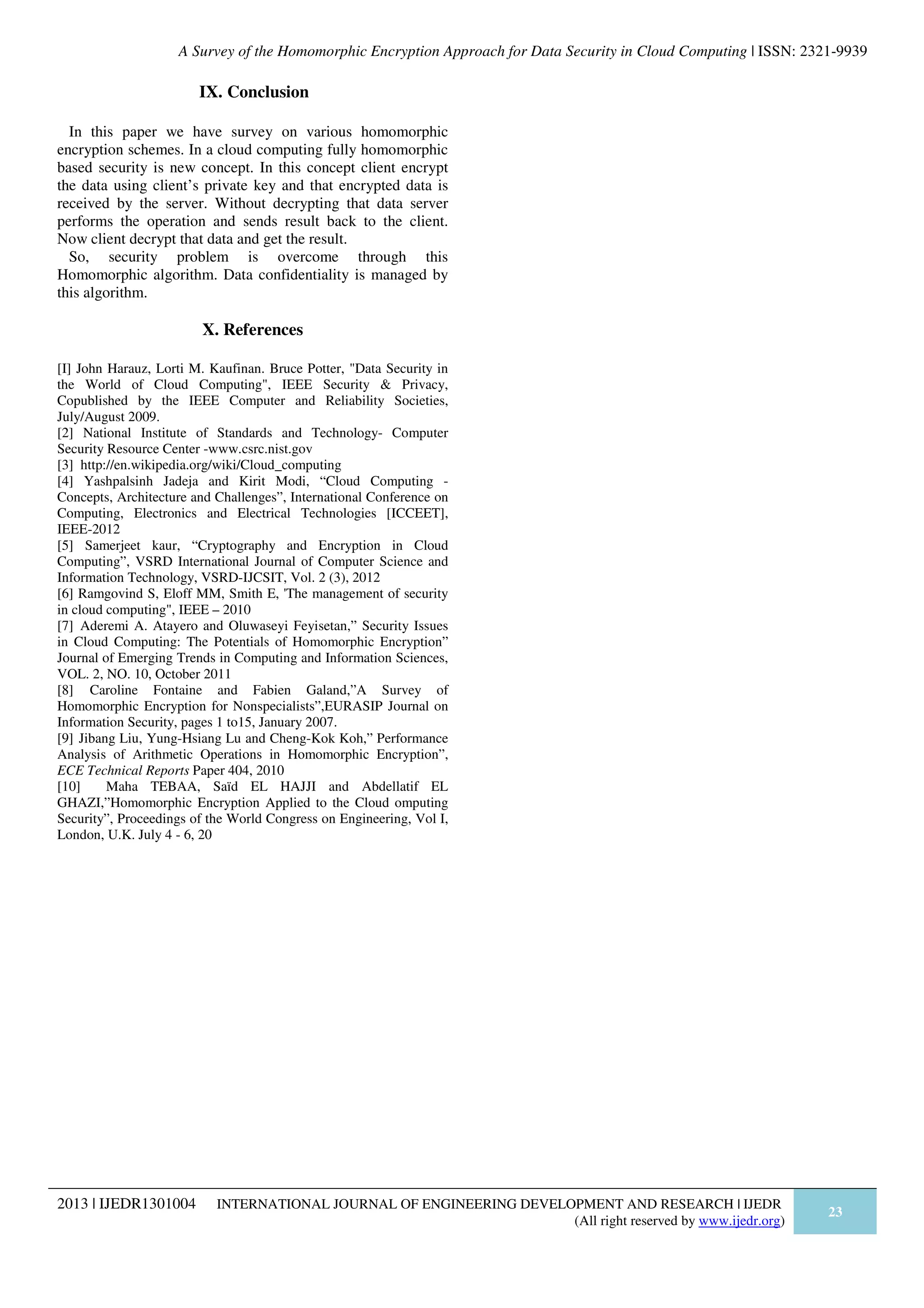 A Survey of the Homomorphic Encryption Approach for Data Security in Cloud Computing | PDF ...