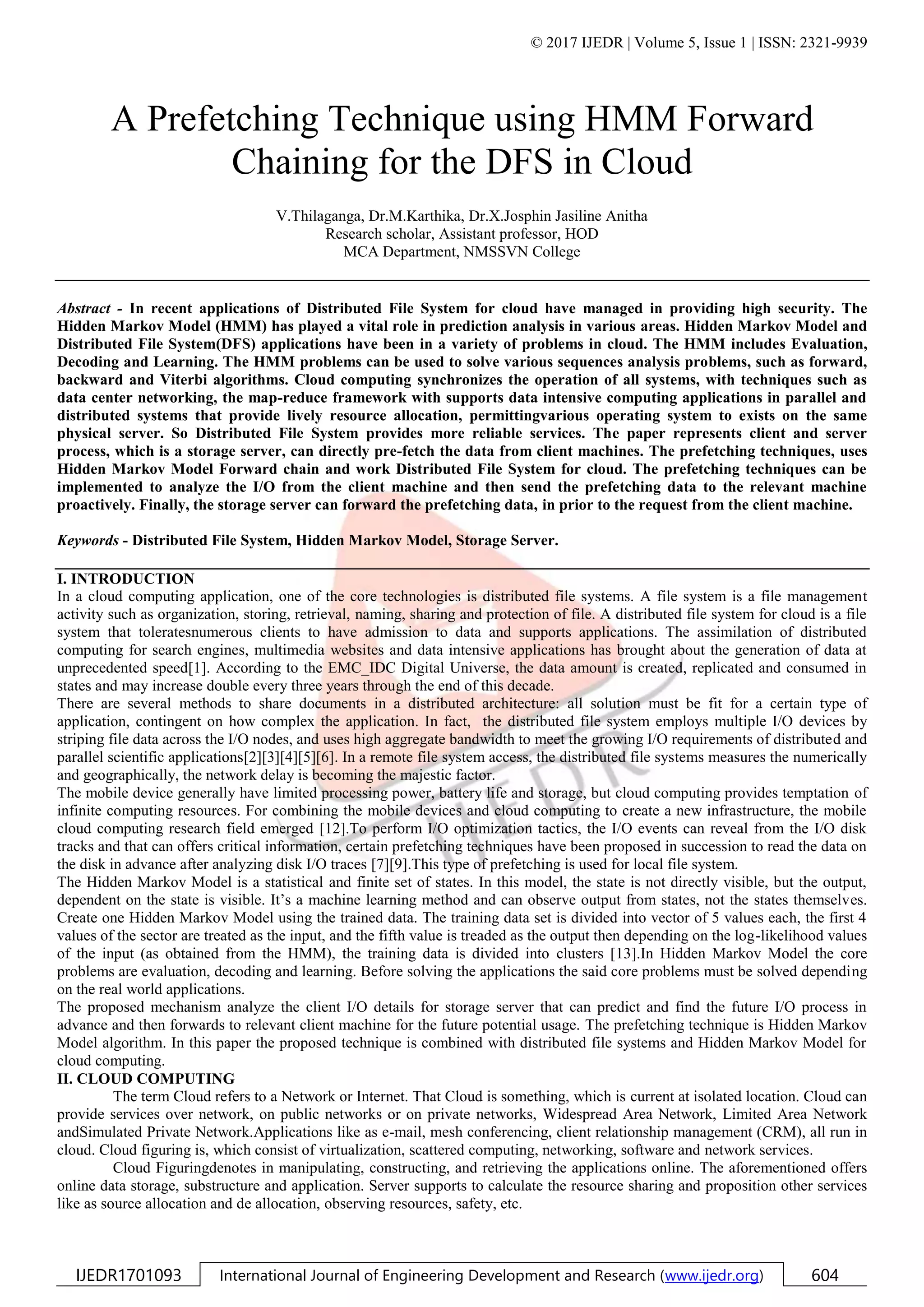 Hidden Markov Model Prefetching Technique for Distributed File Systems in Cloud | PDF