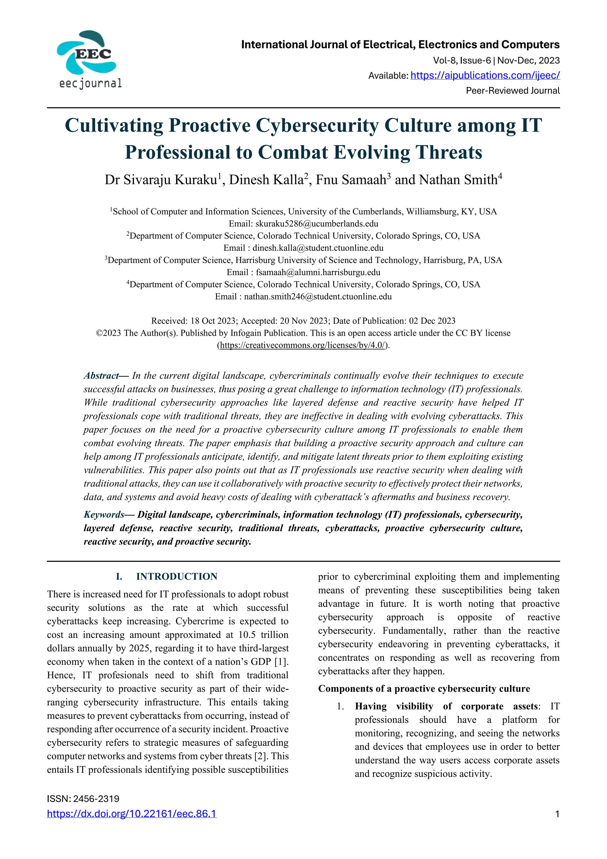 Cultivating Proactive Cybersecurity Culture among IT Professional to Combat Evolving Threats | PDF