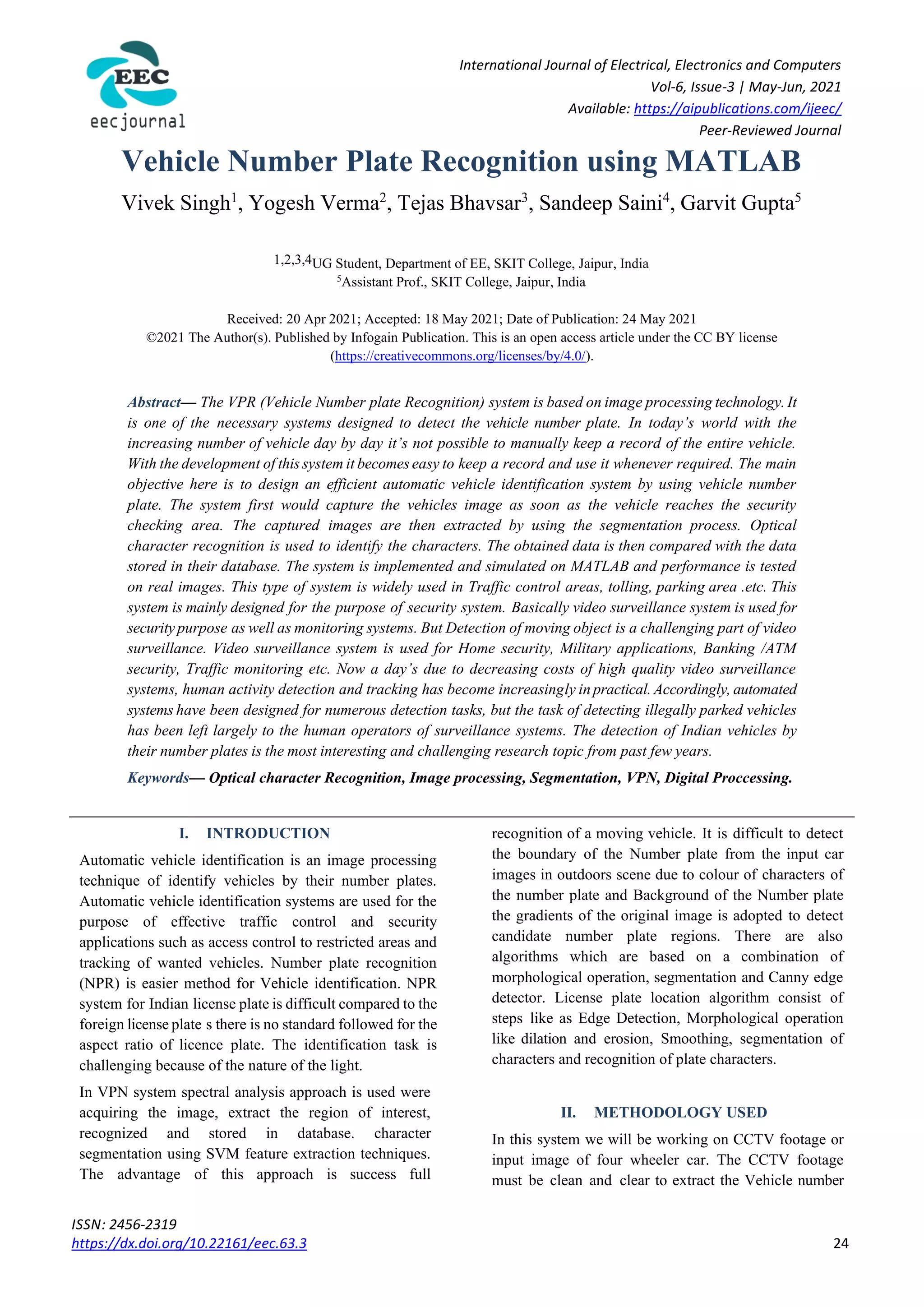 Vehicle Number Plate Recognition using MATLAB | PDF
