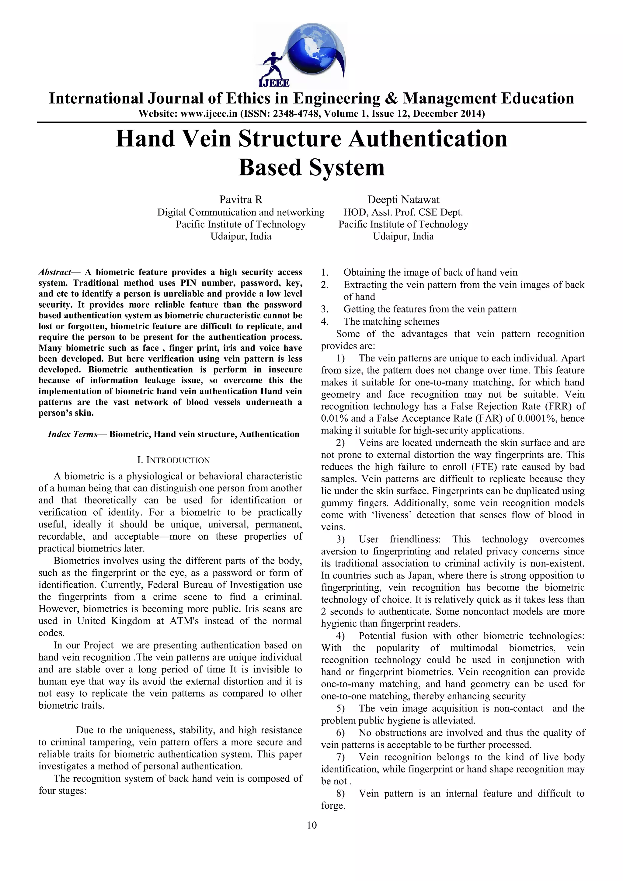 hand vein structure authentication | PDF