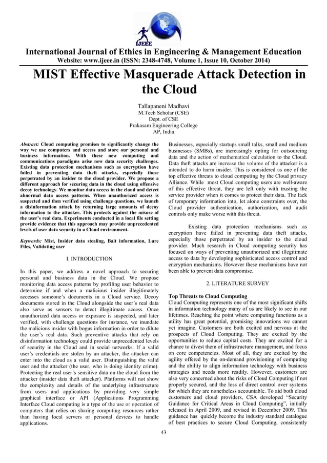 MIST Effective Masquerade Attack Detection in the Cloud | PDF