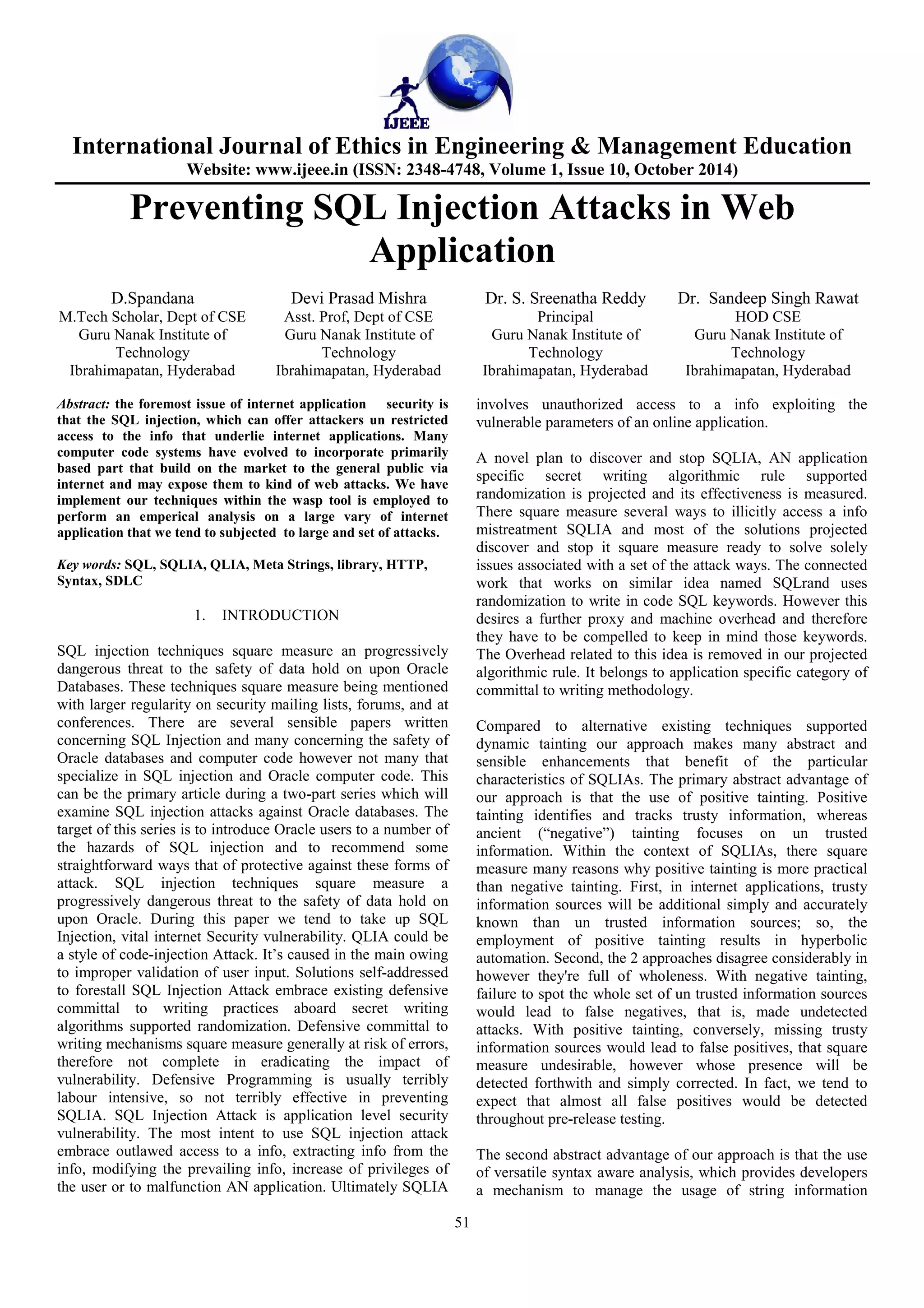 Ijeee 51-57-preventing sql injection attacks in web application | PDF