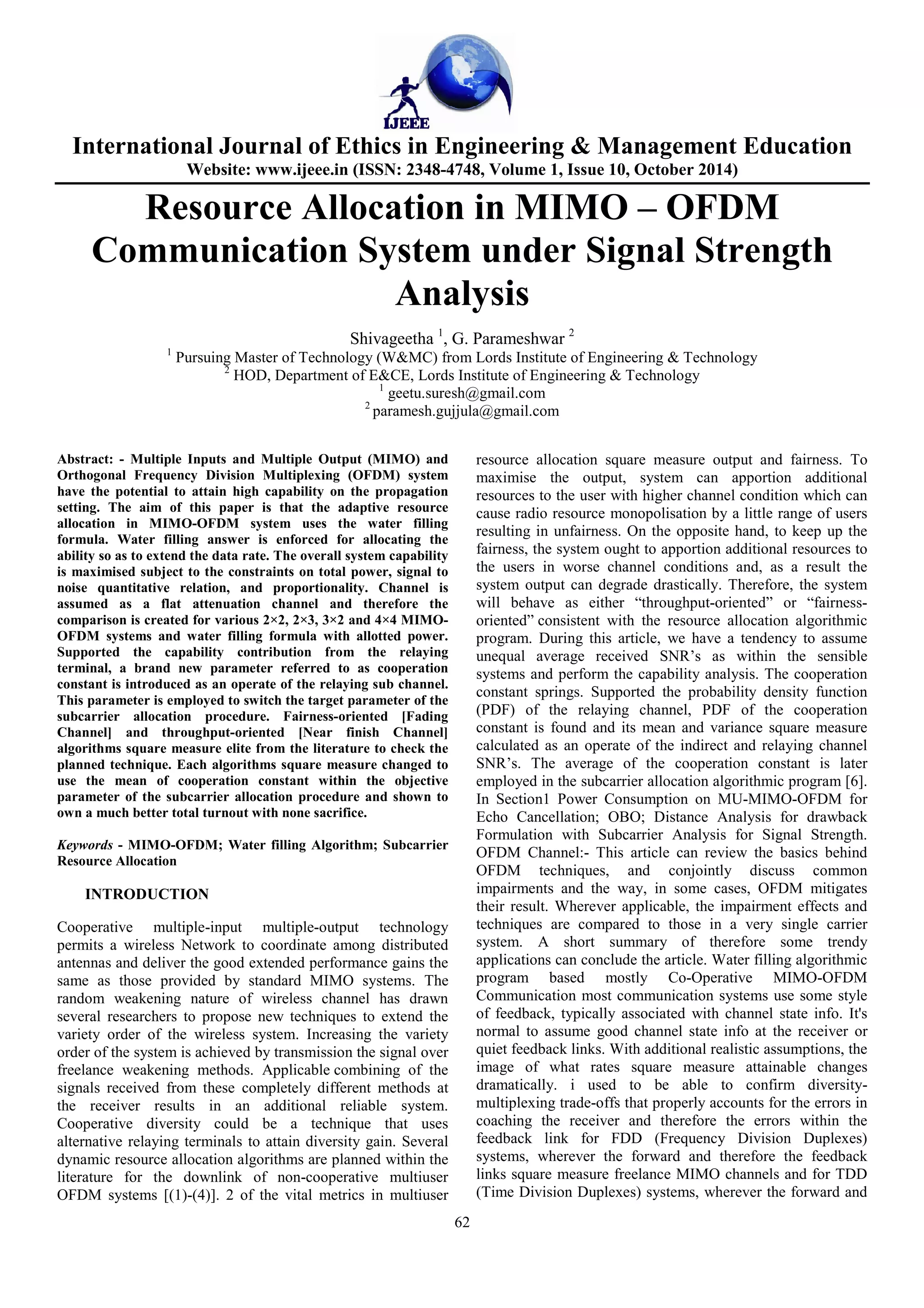Resource Allocation in MIMO – OFDM Communication System under Signal Strength Analysis | PDF