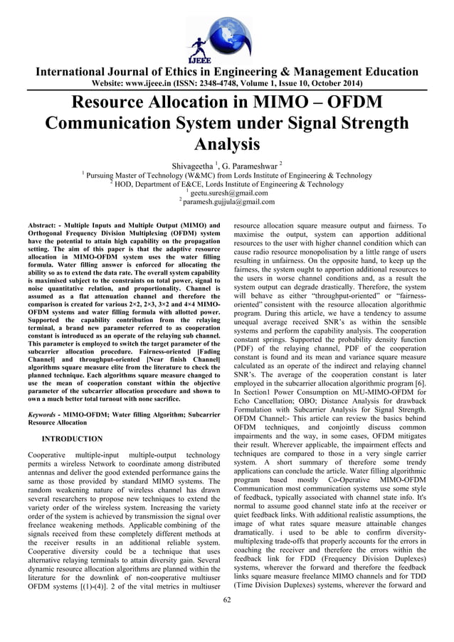 Resource Allocation in MIMO – OFDM Communication System under Signal Strength Analysis | PDF