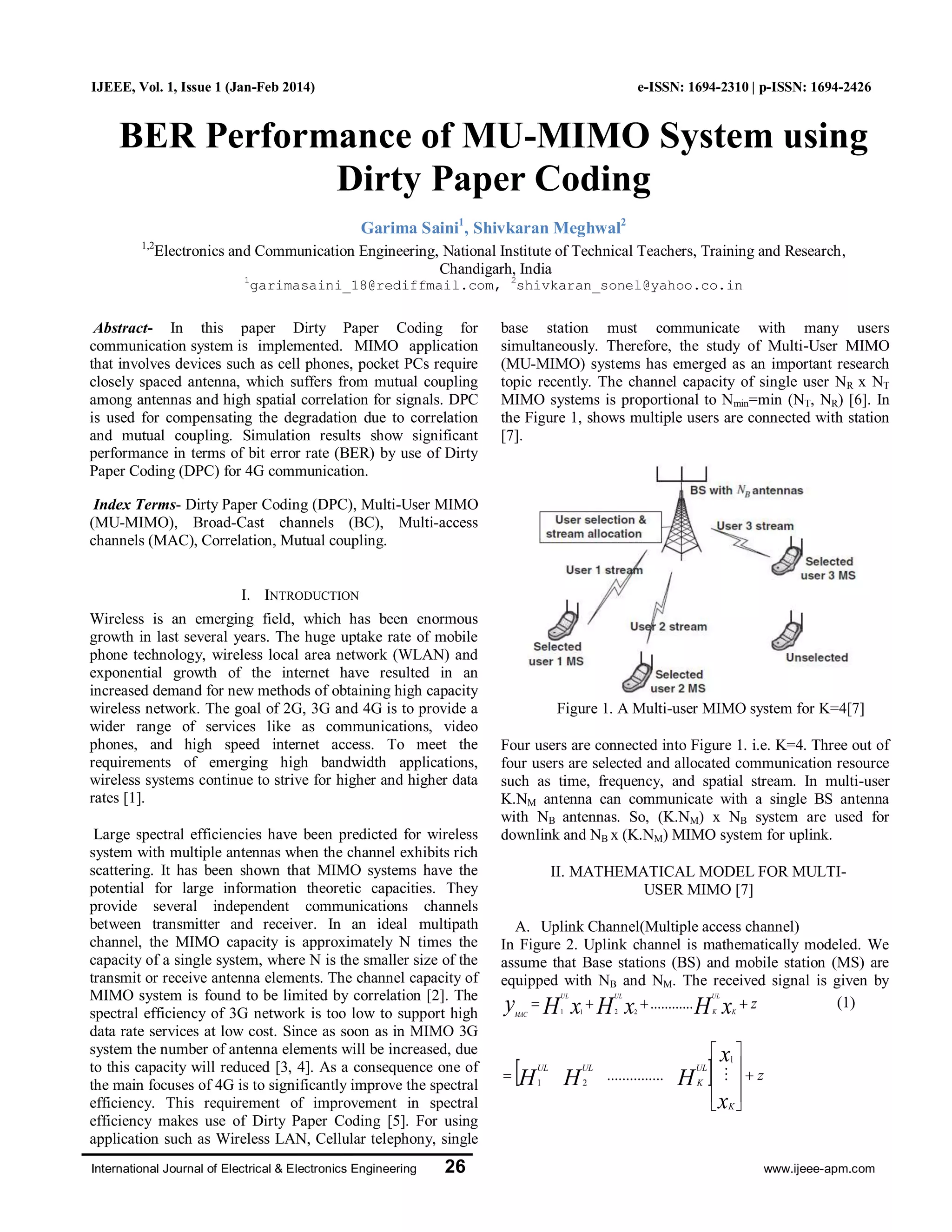 BER Performance of MU-MIMO System using Dirty Paper Coding | PDF