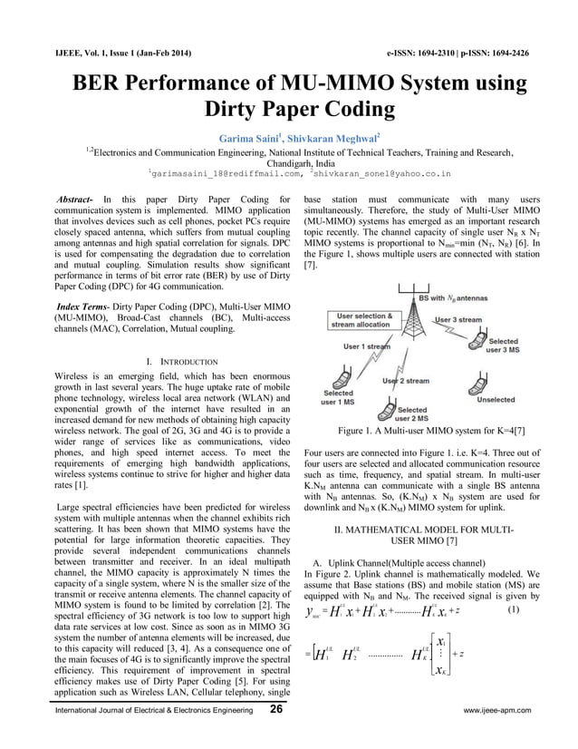 BER Performance of MU-MIMO System using Dirty Paper Coding | PDF | Computer Networking | Computing