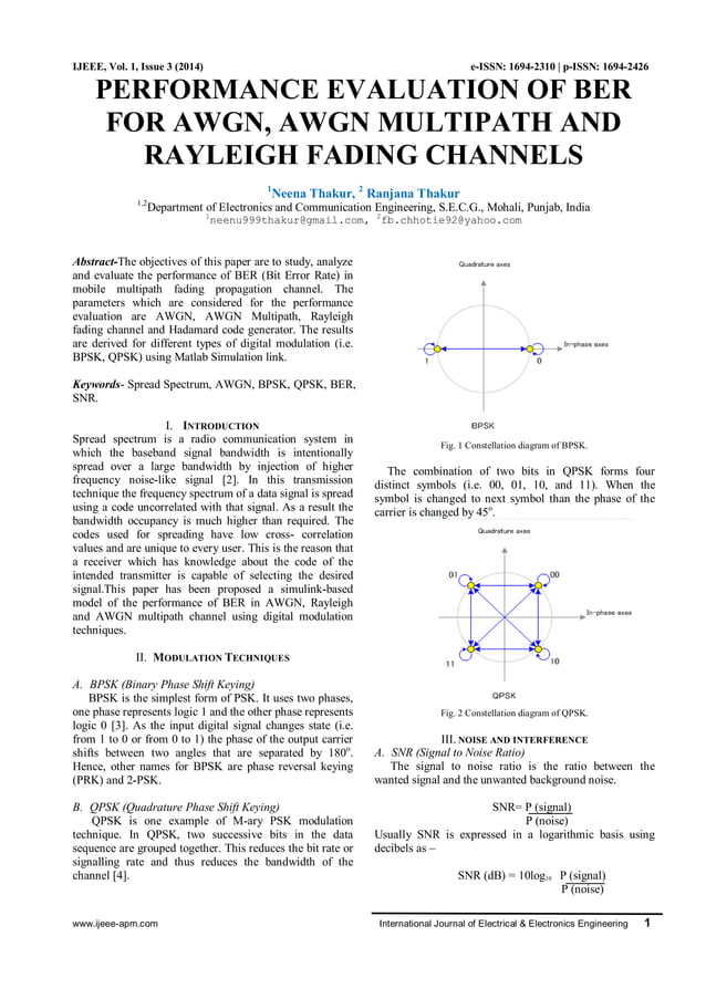 PERFORMANCE EVALUATION OF BER FOR AWGN, AWGN MULTIPATH AND RAYLEIGH FADING CHANNELS | PDF