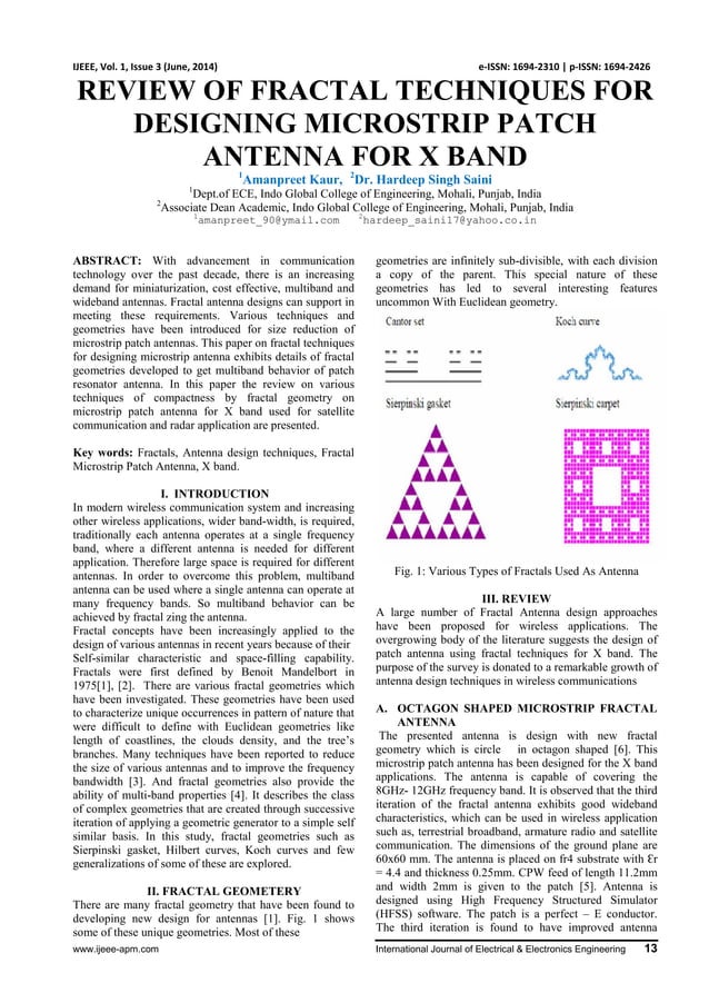 REVIEW OF FRACTAL TECHNIQUES FOR DESIGNING MICROSTRIP PATCH ANTENNA FOR X BAND | PDF