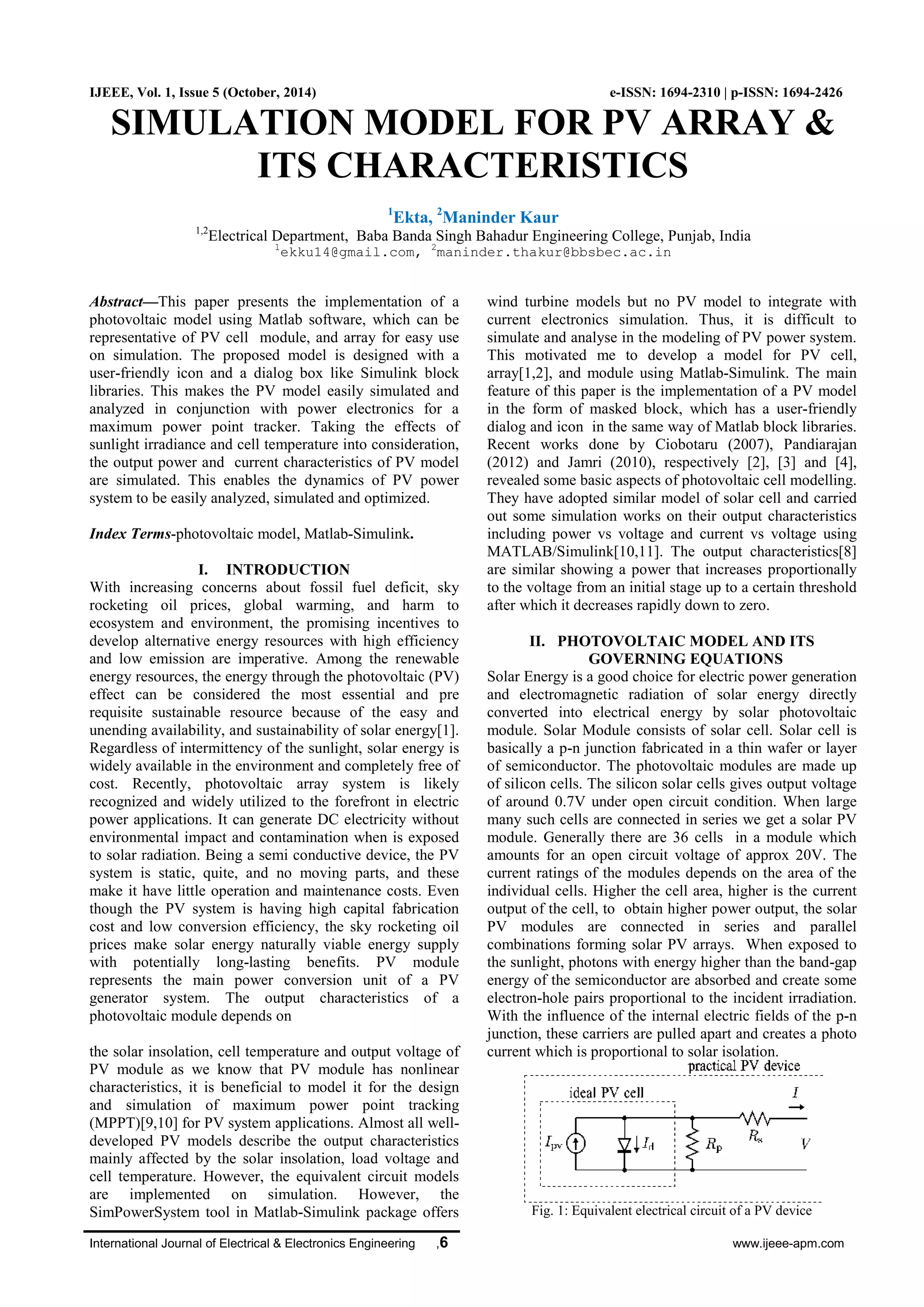 Simulation Model for PV Array & Its Characteristics | PDF