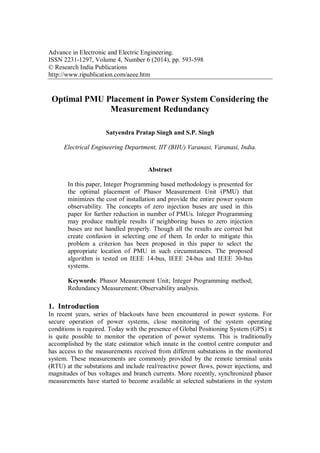 Optimal PMU Placement in Power System Considering the Measurement ...