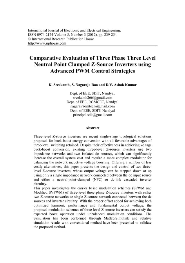 Comparative Evaluation of Three Phase Three Level Neutral Point Clamped Z-Source Inverters using ...