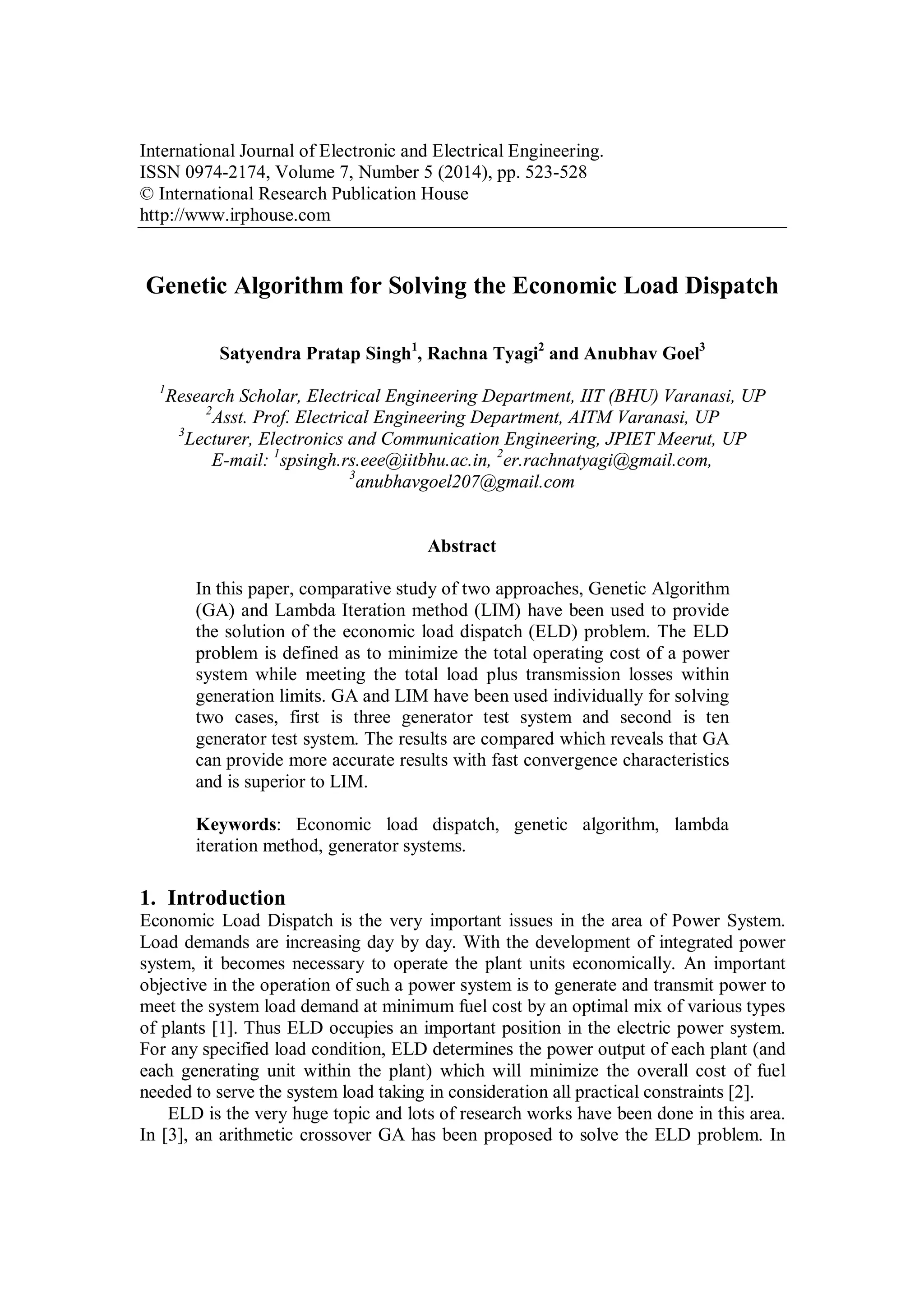 Genetic Algorithm for Solving the Economic Load Dispatch | PDF