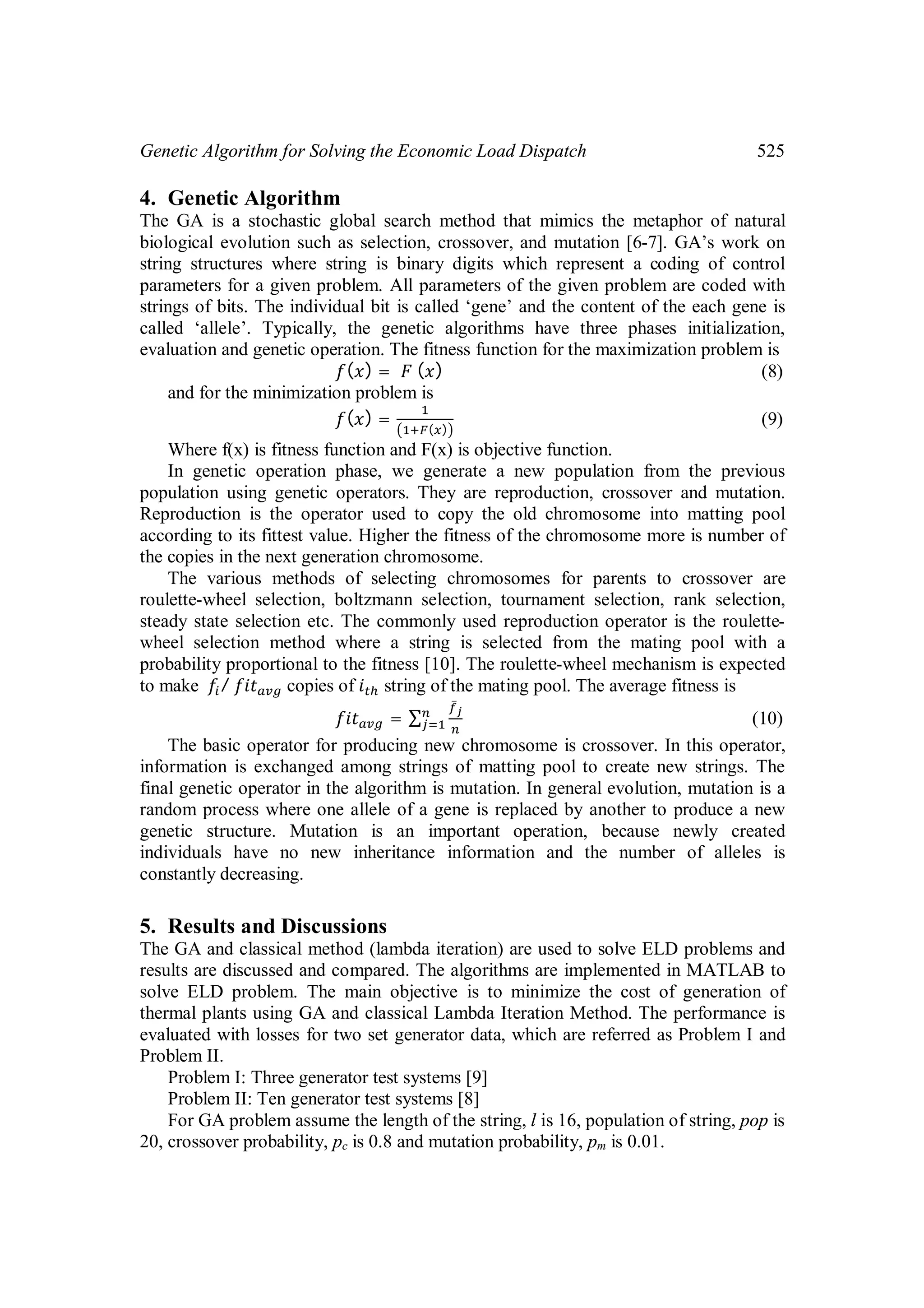 Genetic Algorithm for Solving the Economic Load Dispatch | PDF