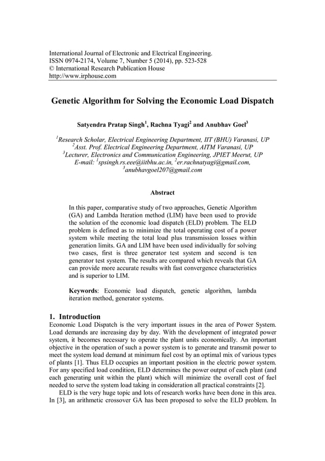Genetic Algorithm For Solving The Economic Load Dispatch Pdf