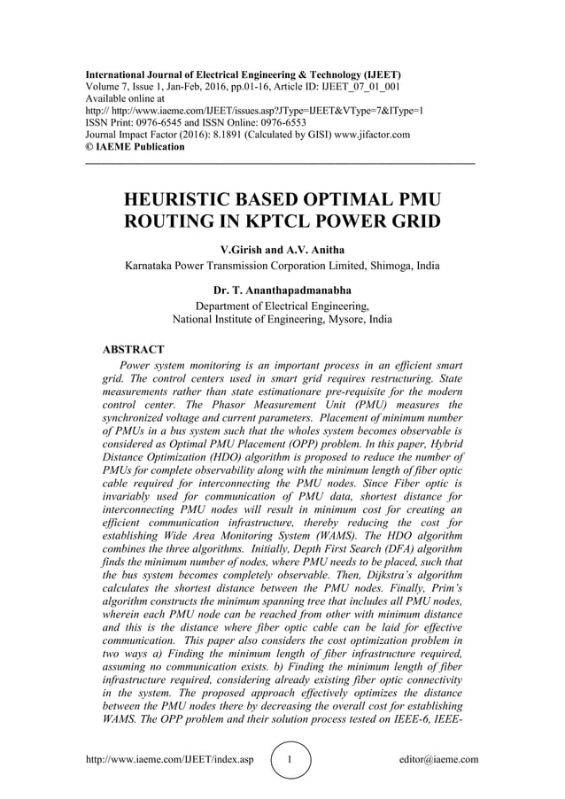 HEURISTIC BASED OPTIMAL PMU ROUTING IN KPTCL POWER GRID | PDF