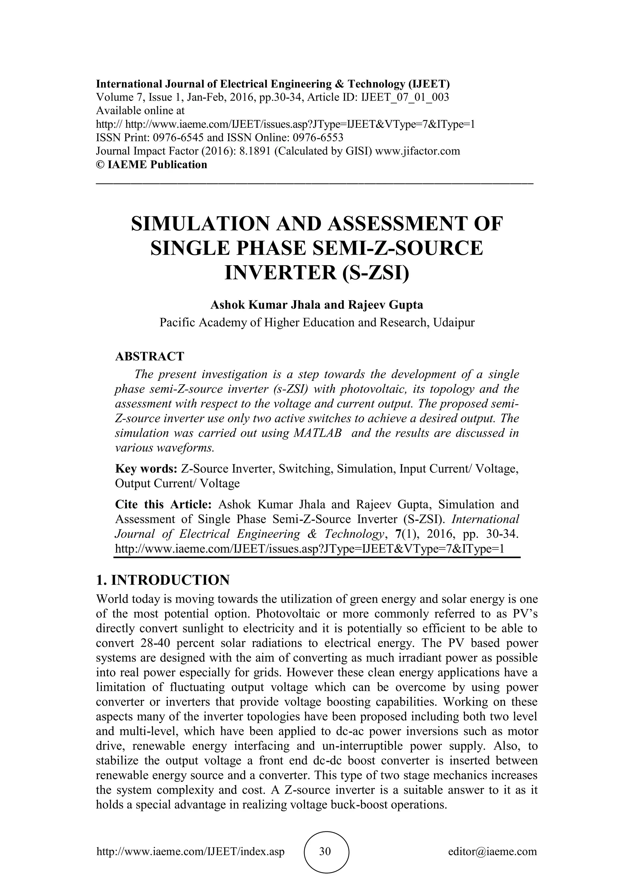 SIMULATION AND ASSESSMENT OF SINGLE PHASE SEMI-Z-SOURCE INVERTER (S-ZSI ...