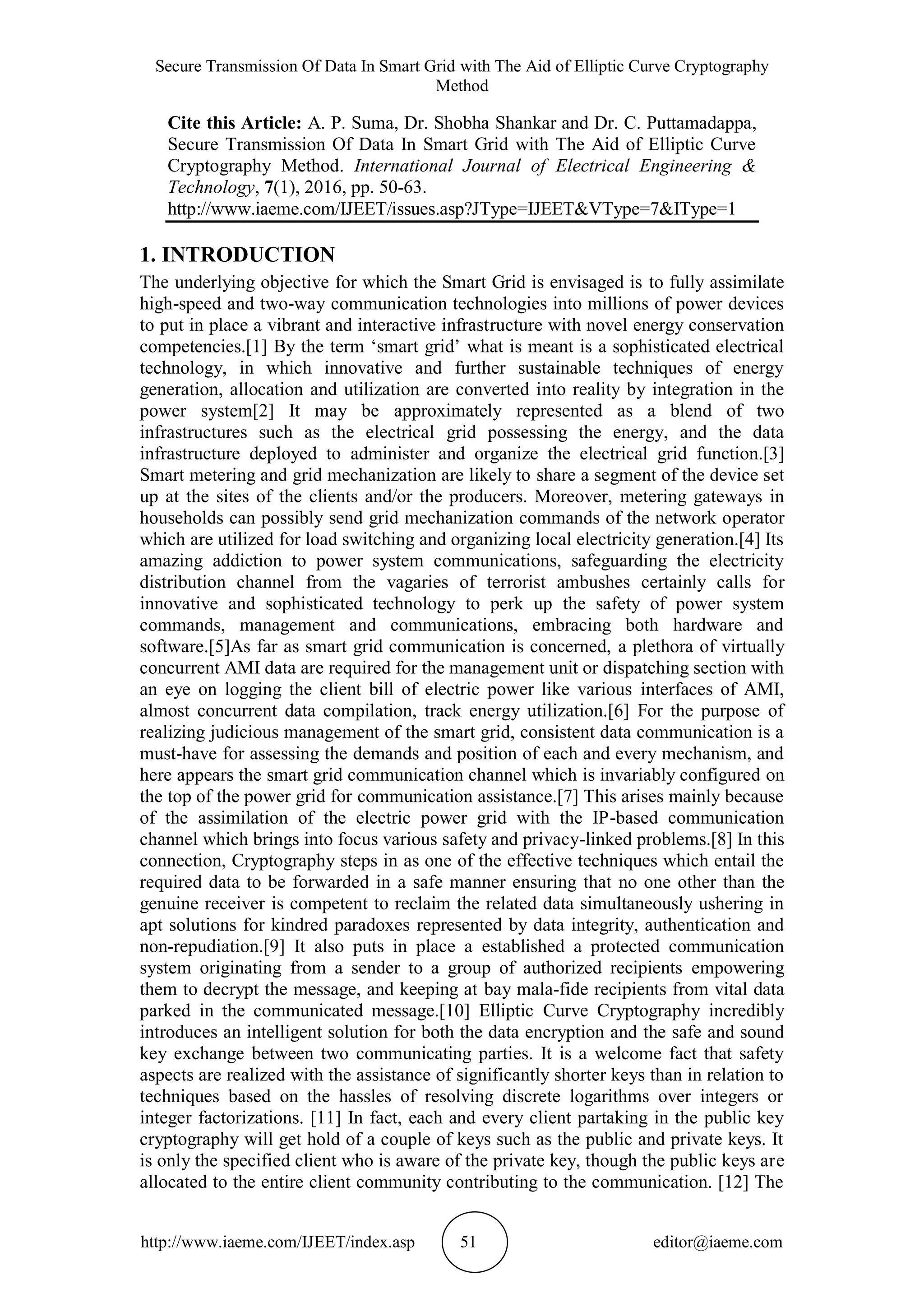 SECURE TRANSMISSION OF DATA IN SMART GRID WITH THE AID OF ELLIPTIC CURVE CRYPTOGRAPHY METHOD | PDF