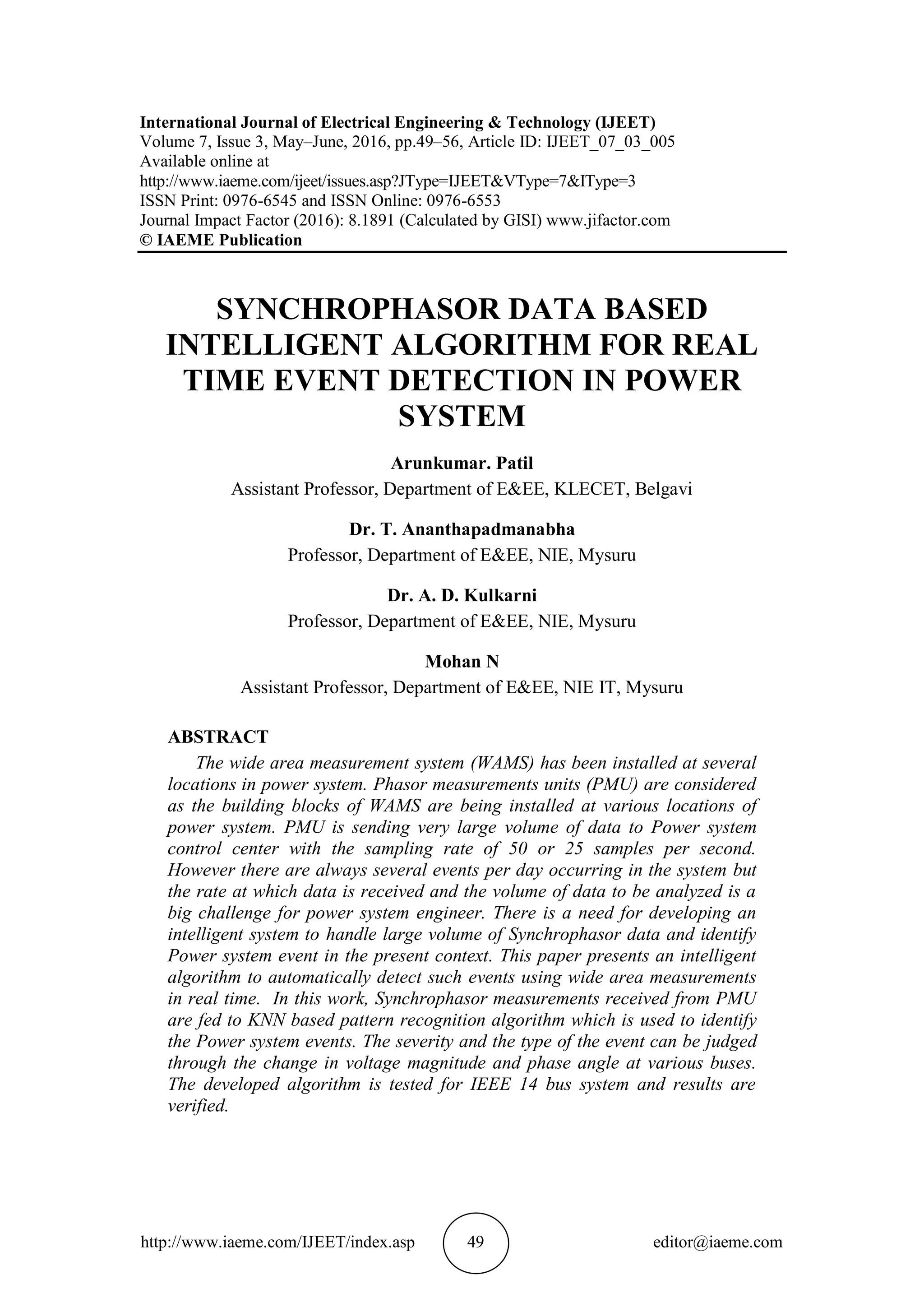 Synchrophasor Data Based Intelligent Algorithm For Real Time Event
