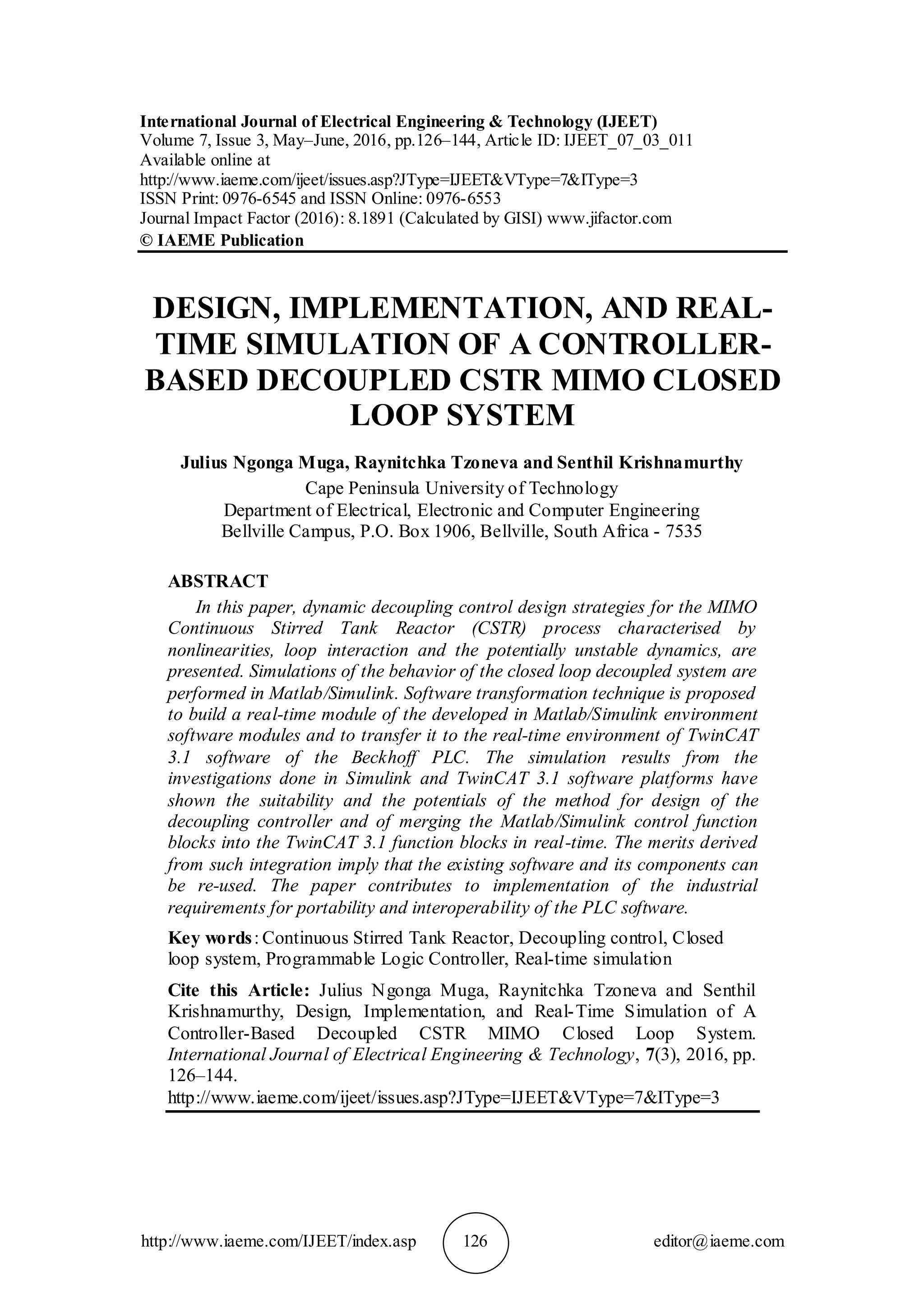 DESIGN, IMPLEMENTATION, AND REAL-TIME SIMULATION OF A CONTROLLER-BASED DECOUPLED CSTR MIMO ...