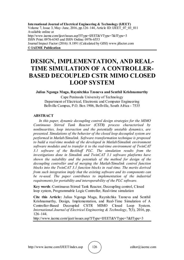 Design Implementation And Real Time Simulation Of A Controller Based Decoupled Cstr Mimo