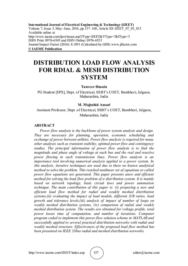 DISTRIBUTION LOAD FLOW ANALYSIS FOR RDIAL & MESH DISTRIBUTION SYSTEM | PDF