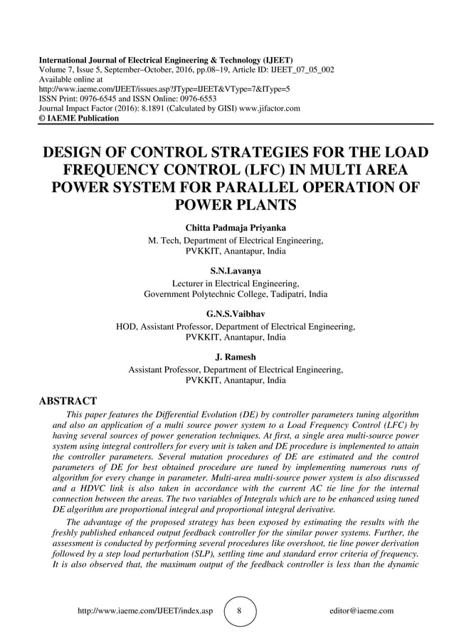 DESIGN OF CONTROL STRATEGIES FOR THE LOAD FREQUENCY CONTROL (LFC) IN MULTI AREA POWER SYSTEM FOR ...