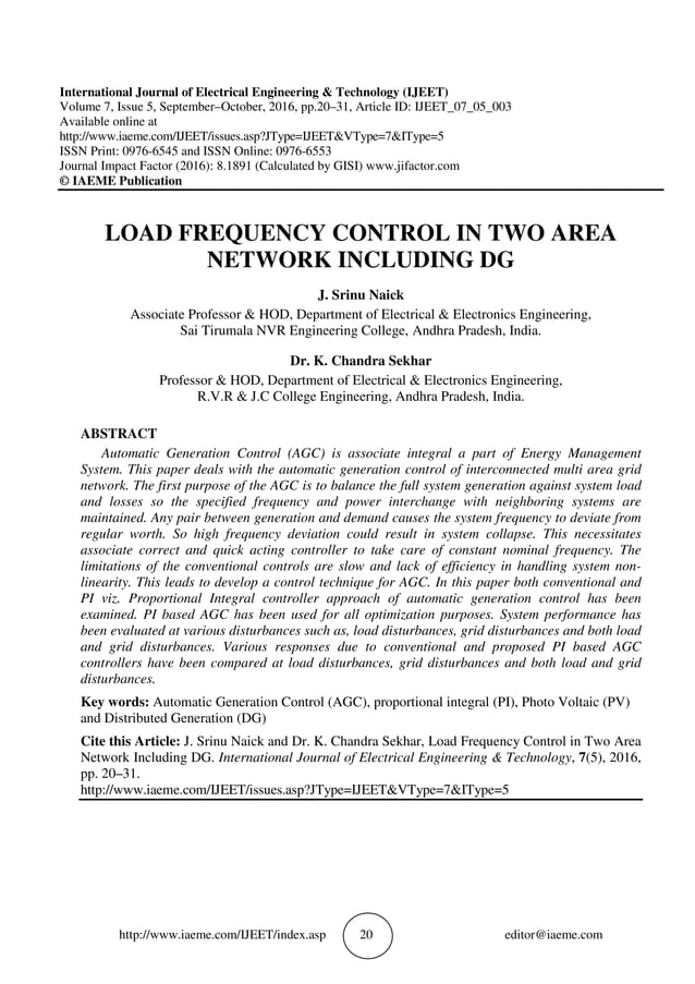LOAD FREQUENCY CONTROL IN TWO AREA NETWORK INCLUDING DG | PDF