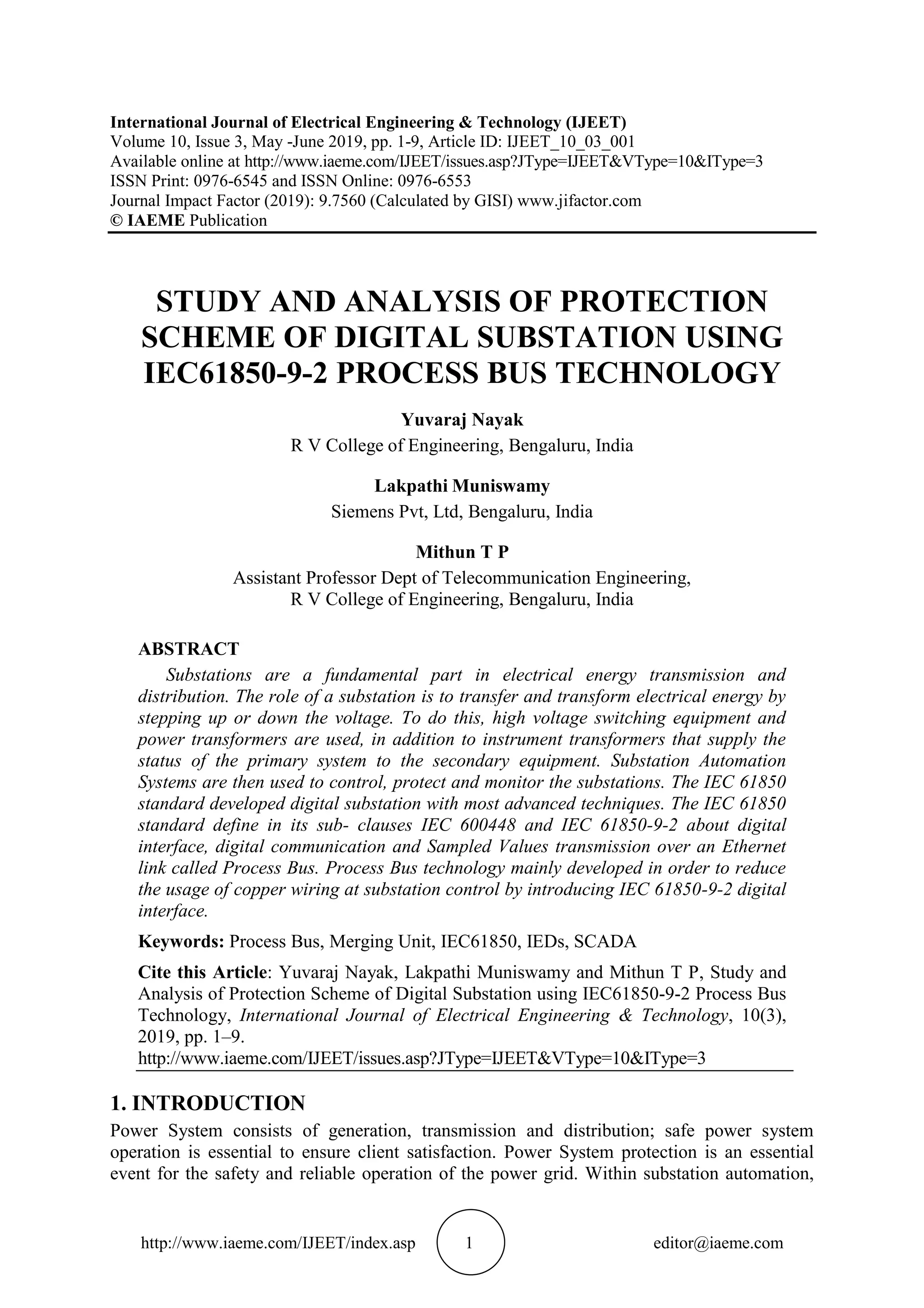 STUDY AND ANALYSIS OF PROTECTION SCHEME OF DIGITAL SUBSTATION USING IEC61850-9-2 PROCESS BUS ...