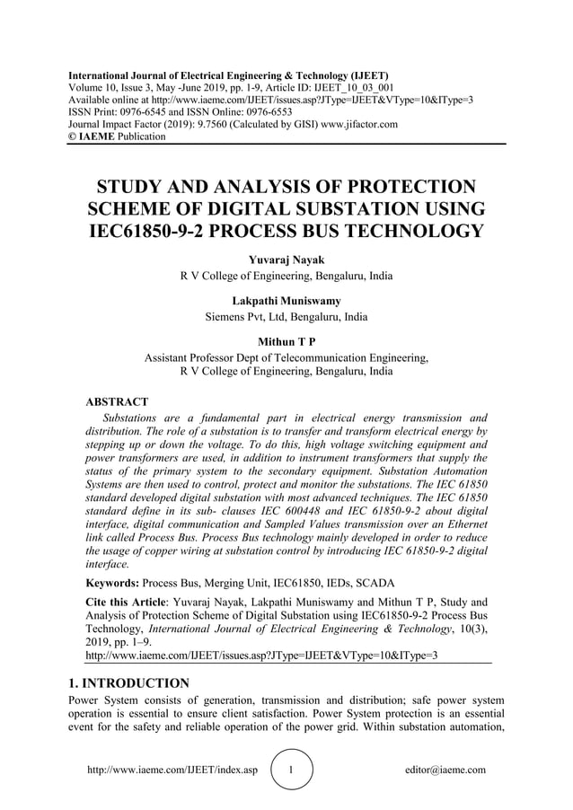 STUDY AND ANALYSIS OF PROTECTION SCHEME OF DIGITAL SUBSTATION USING IEC61850-9-2 PROCESS BUS ...