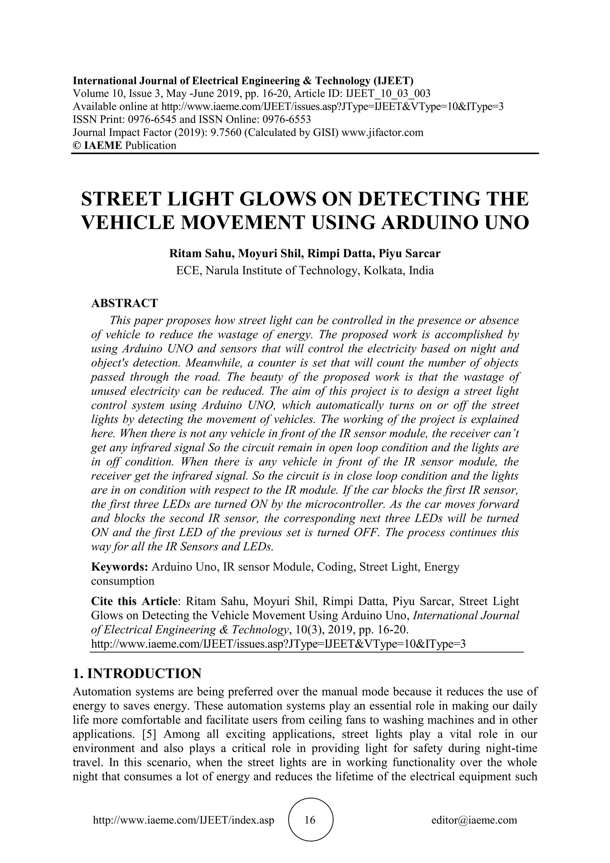 STREET LIGHT GLOWS ON DETECTING THE VEHICLE MOVEMENT USING ARDUINO UNO ...