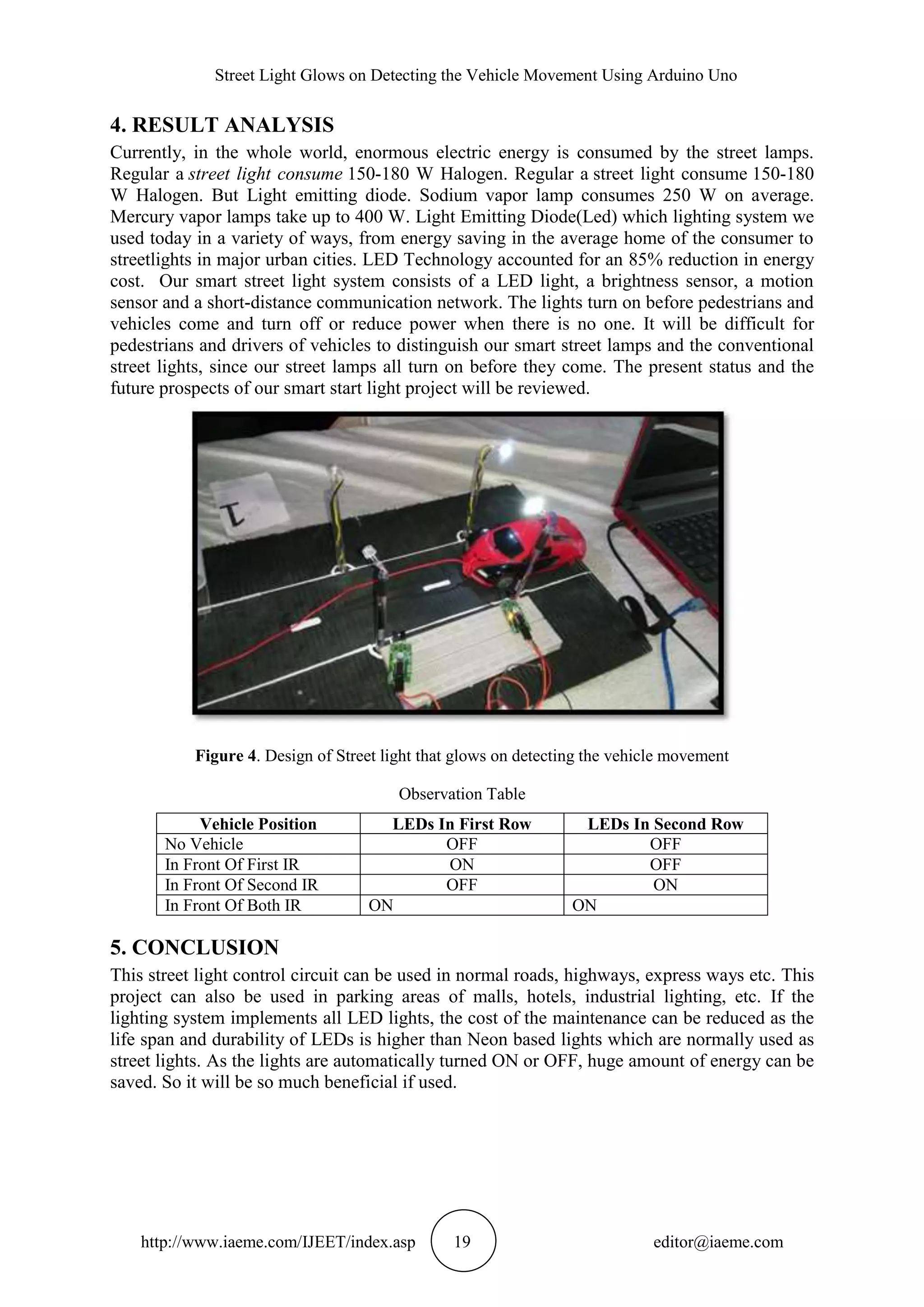 STREET LIGHT GLOWS ON DETECTING THE VEHICLE MOVEMENT USING ARDUINO UNO ...