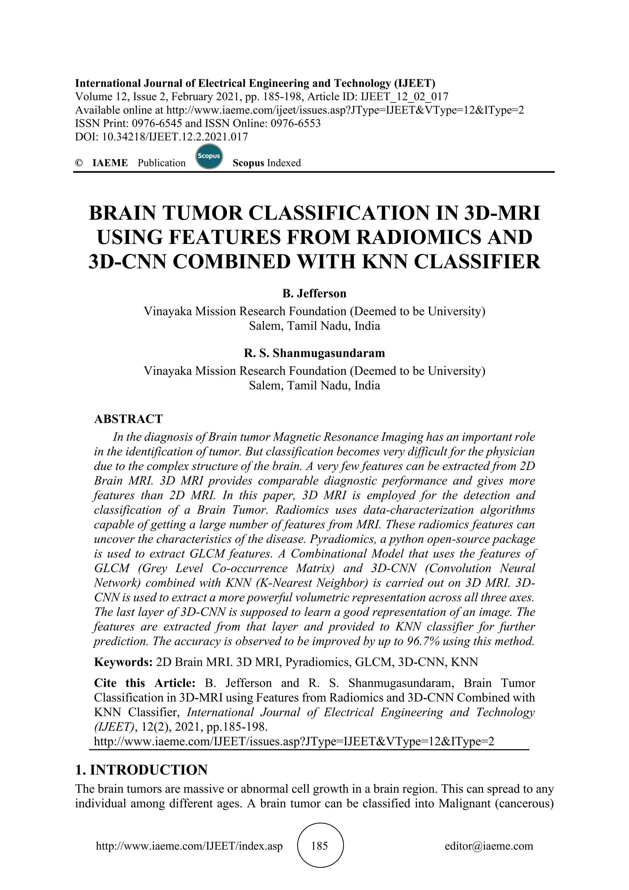 BRAIN TUMOR CLASSIFICATION IN 3D-MRI USING FEATURES FROM RADIOMICS AND 3D-CNN COMBINED WITH KNN ...