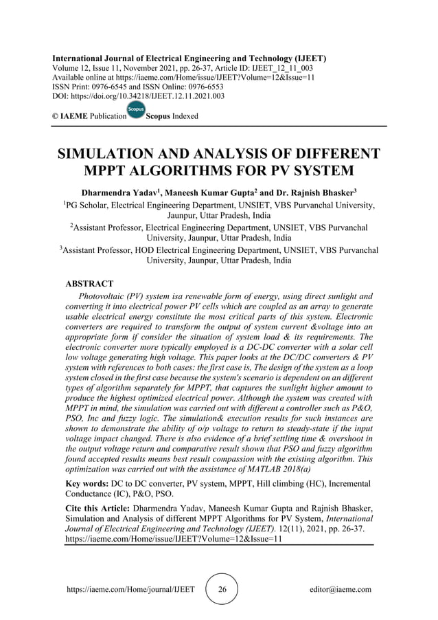 SIMULATION AND ANALYSIS OF DIFFERENT MPPT ALGORITHMS FOR PV SYSTEM | PDF