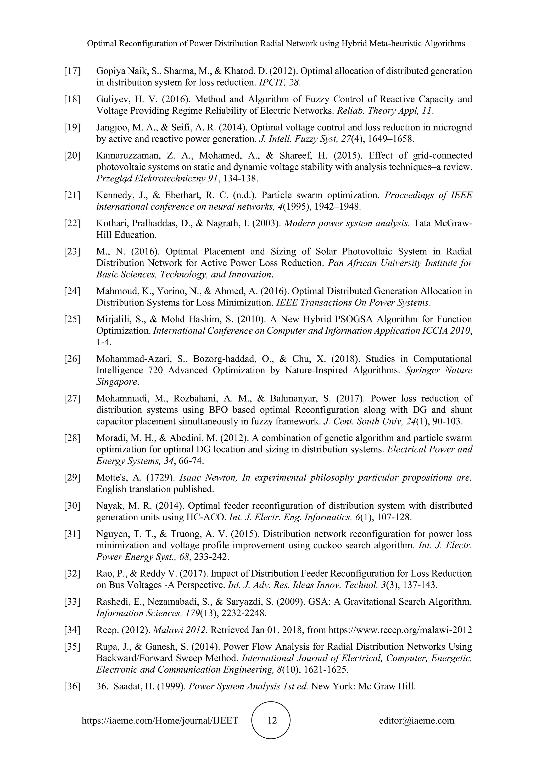 OPTIMAL RECONFIGURATION OF POWER DISTRIBUTION RADIAL NETWORK USING HYBRID META-HEURISTIC ...