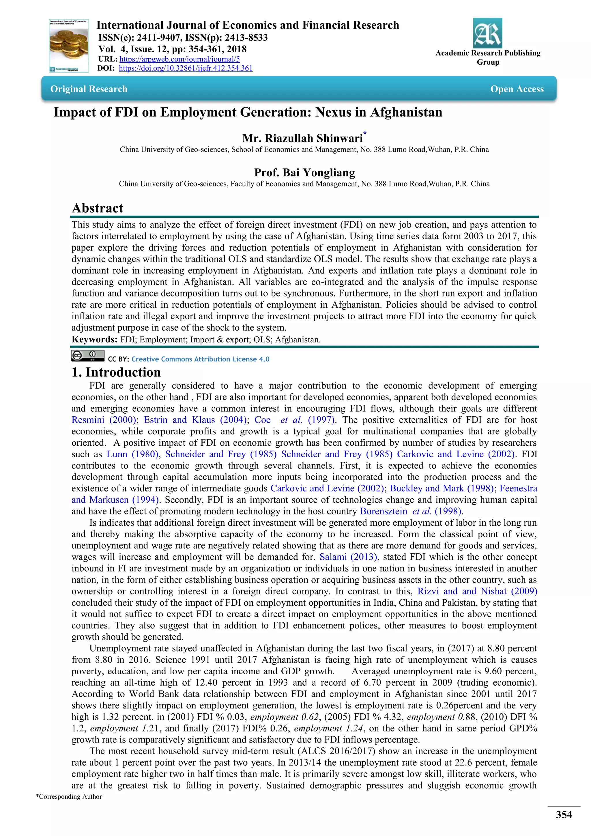 Impact of FDI on Employment Generation: Nexus in Afghanistan | PDF
