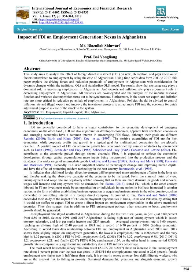 Impact of FDI on Employment Generation: Nexus in Afghanistan | PDF