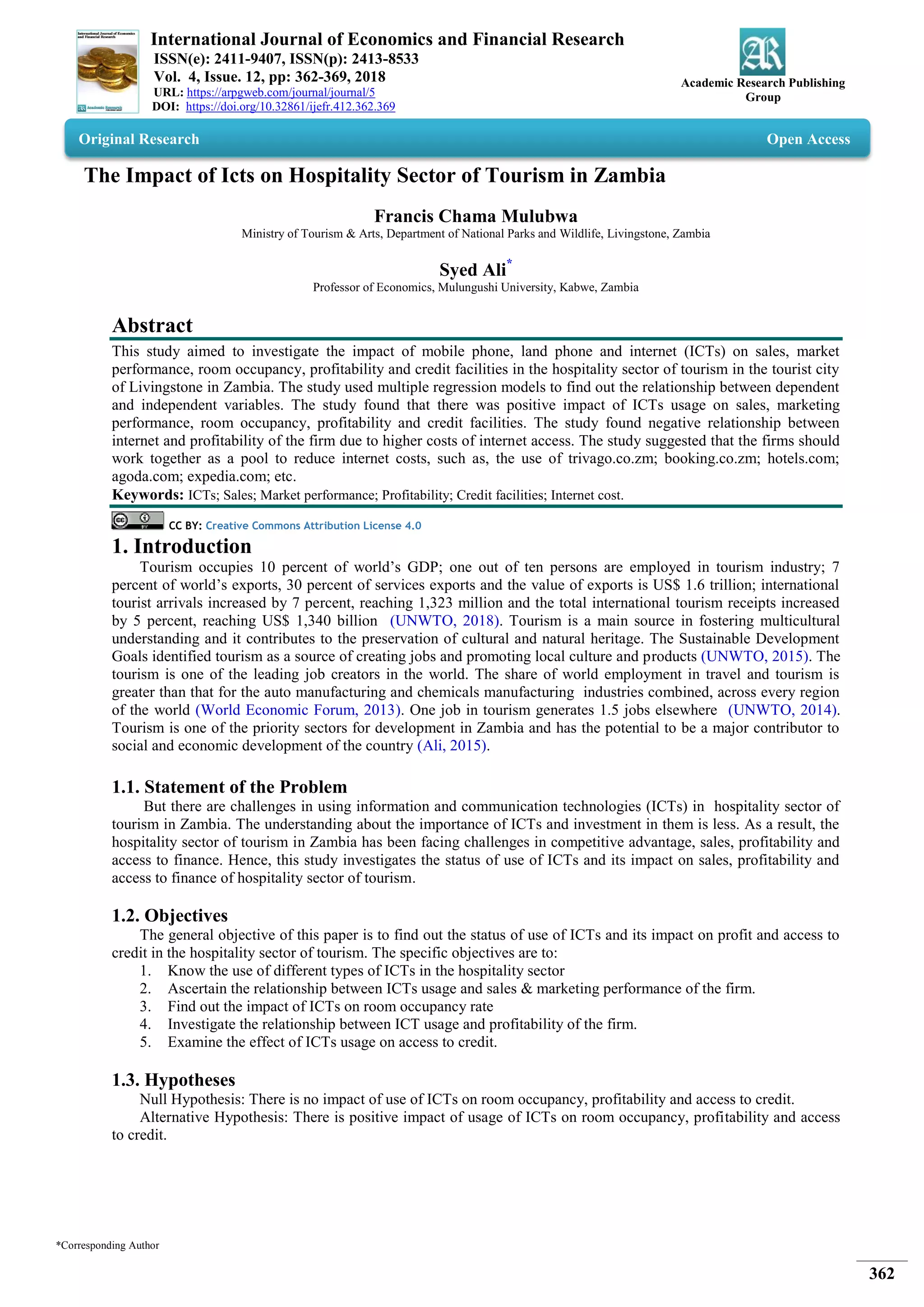 The Impact of Icts on Hospitality Sector of Tourism in Zambia | PDF