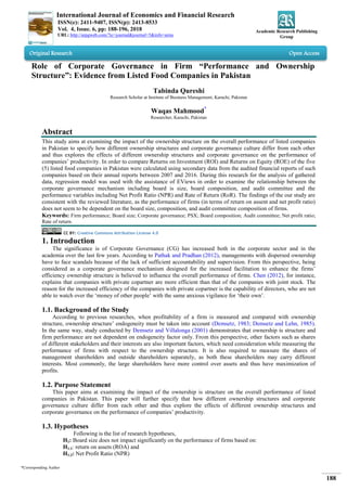 Role of Corporate Governance in Firm “Performance and Ownership Structure”: Evidence from Listed ...
