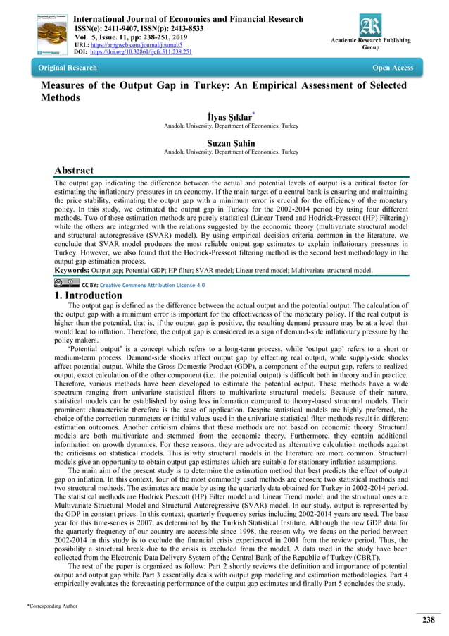 Measures of the Output Gap in Turkey: An Empirical Assessment of Selected Methods | PDF