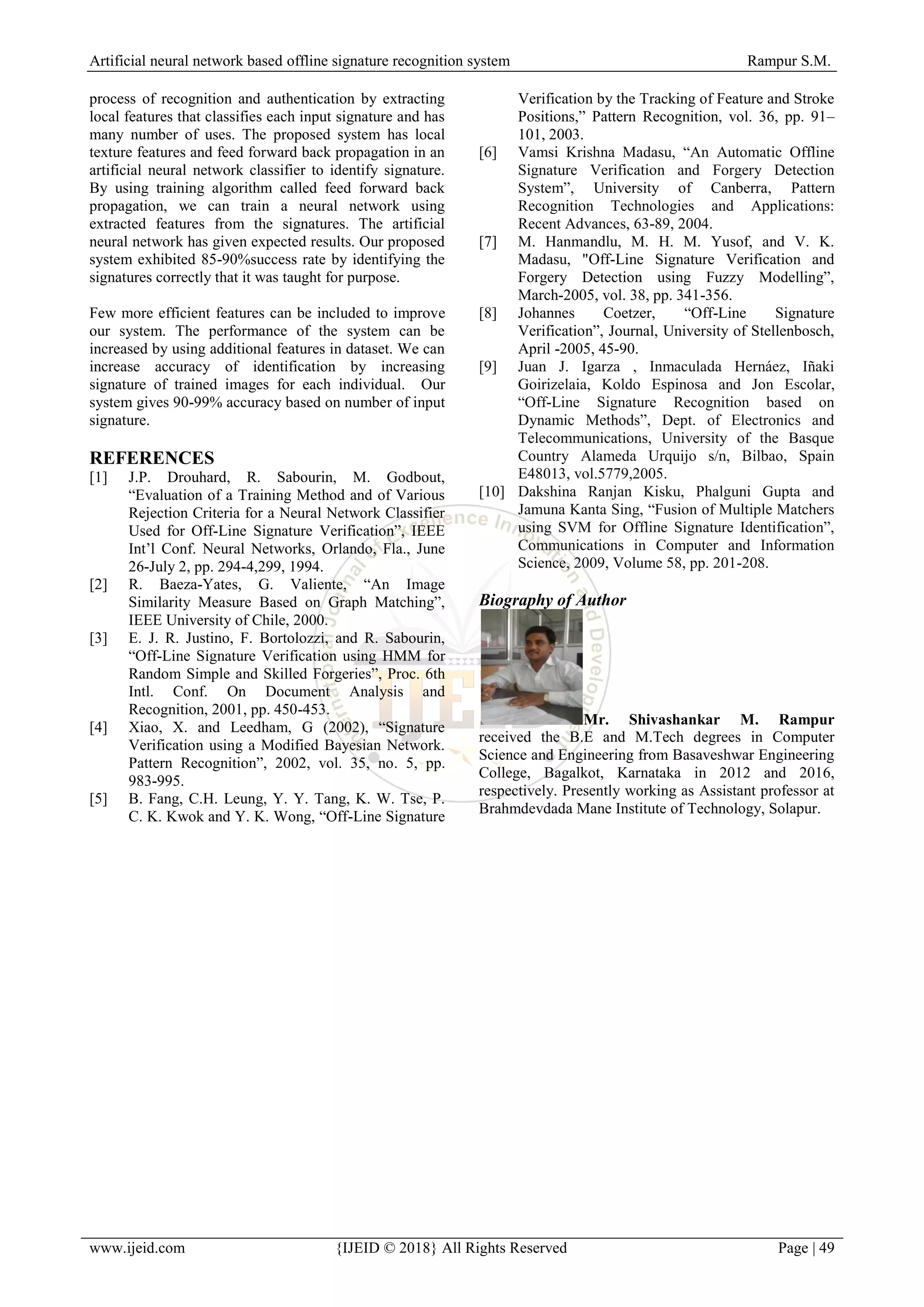 Artificial Neural Network Based Offline Signature Recognition System