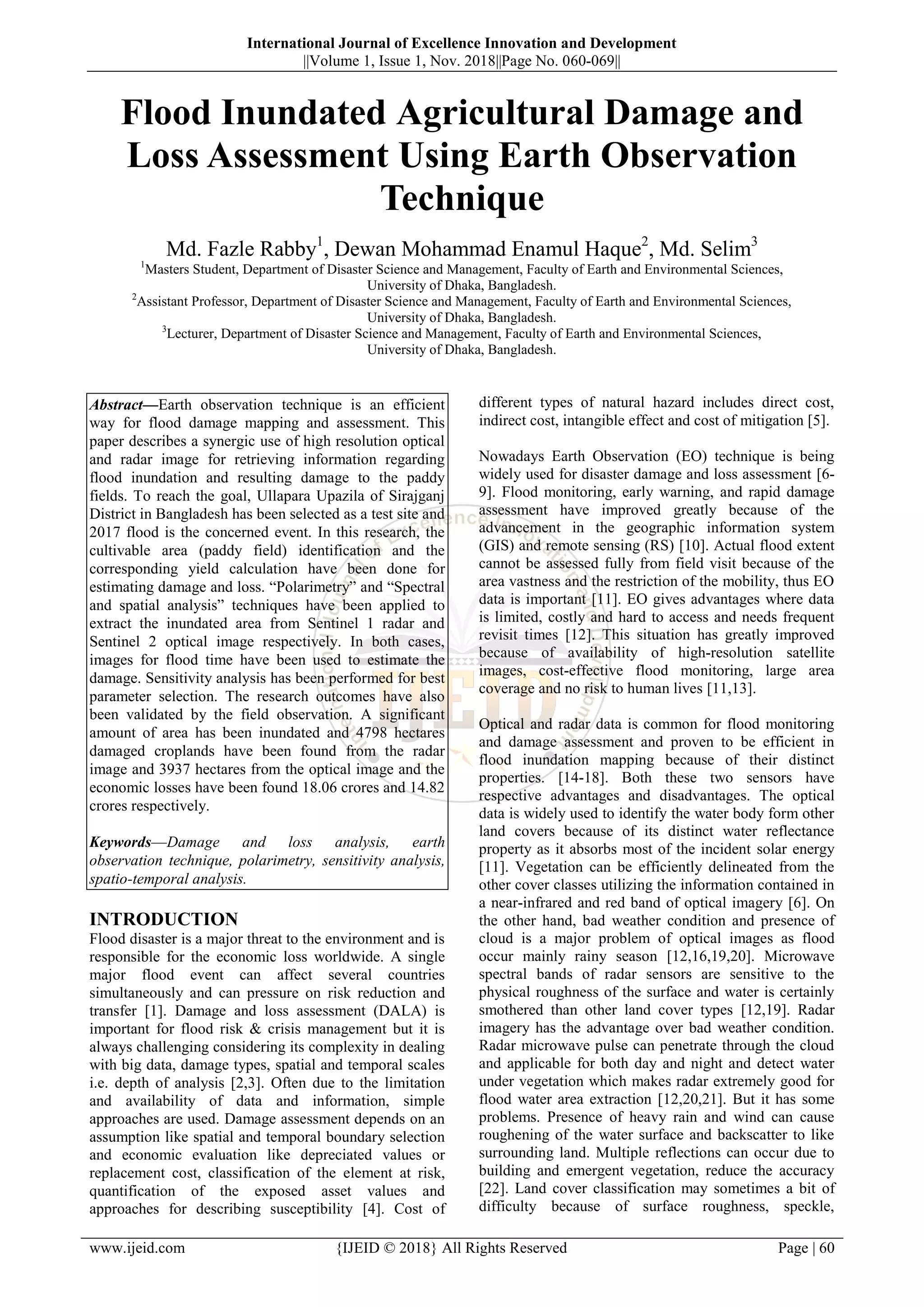 Flood Inundated Agricultural Damage and Loss Assessment Using Earth Observation Technique | PDF