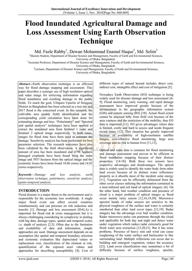 Flood Inundated Agricultural Damage and Loss Assessment Using Earth ...