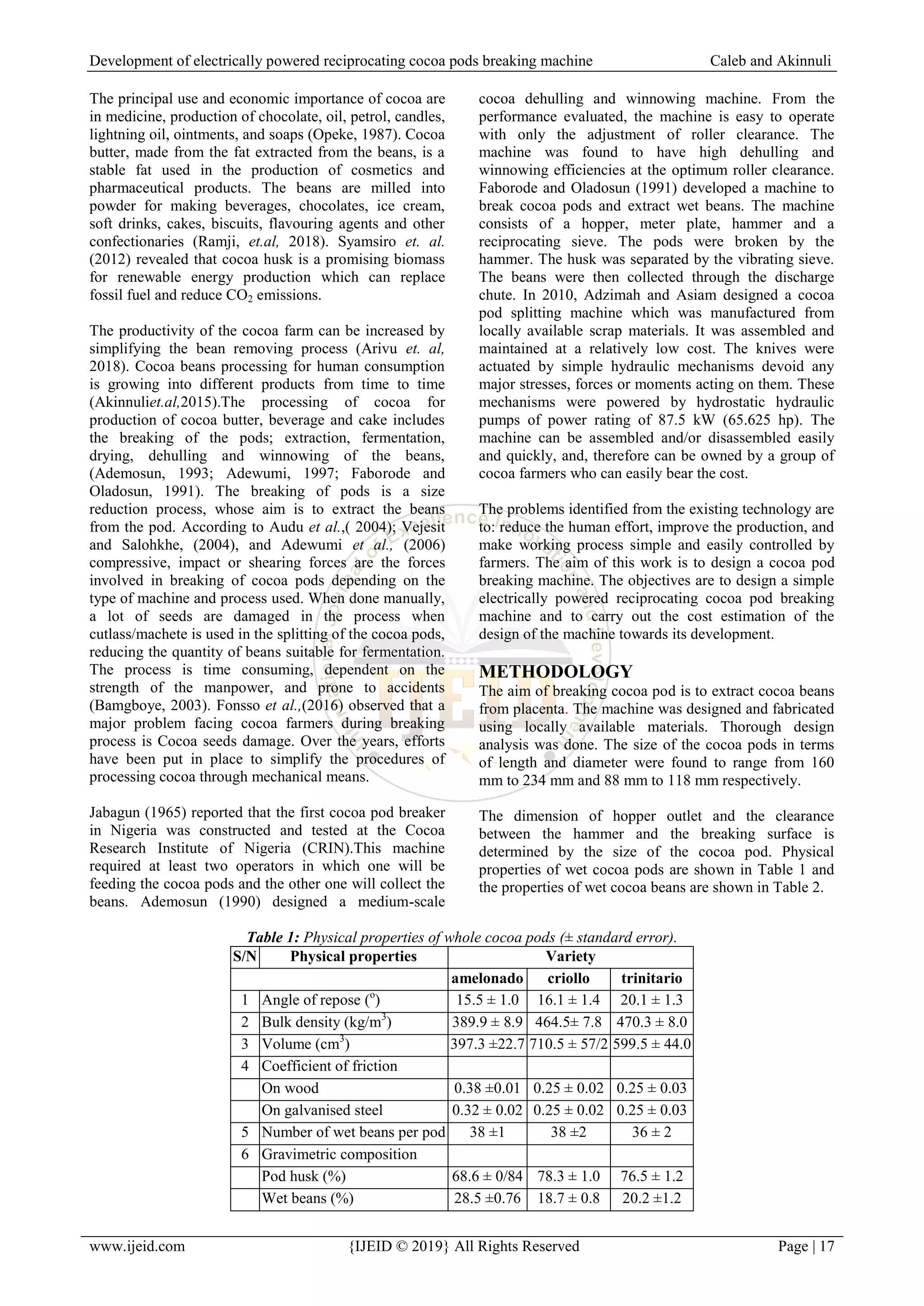 Development of Electrically Powered Reciprocating Cocoa Pods Breaking Machine | PDF
