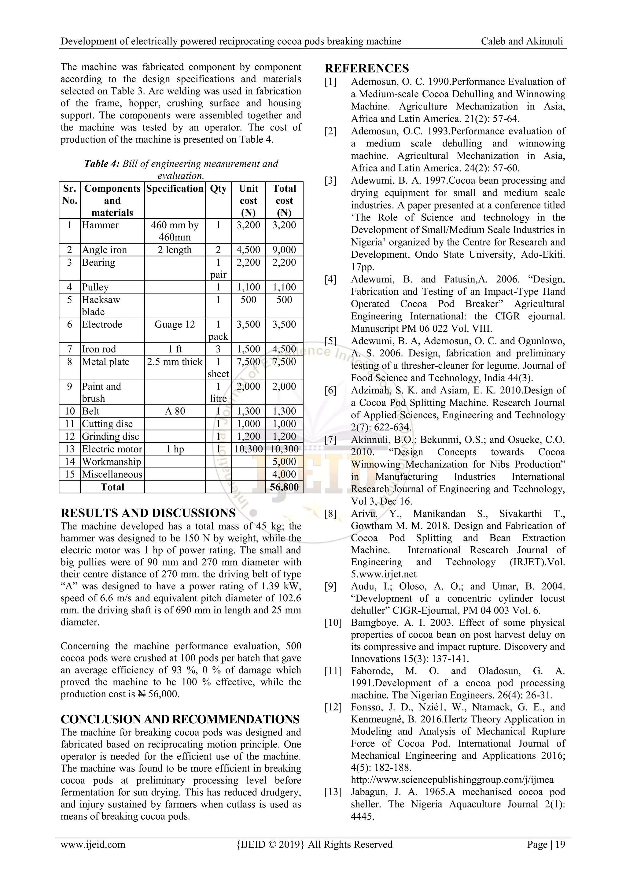 Development of Electrically Powered Reciprocating Cocoa Pods Breaking Machine | PDF