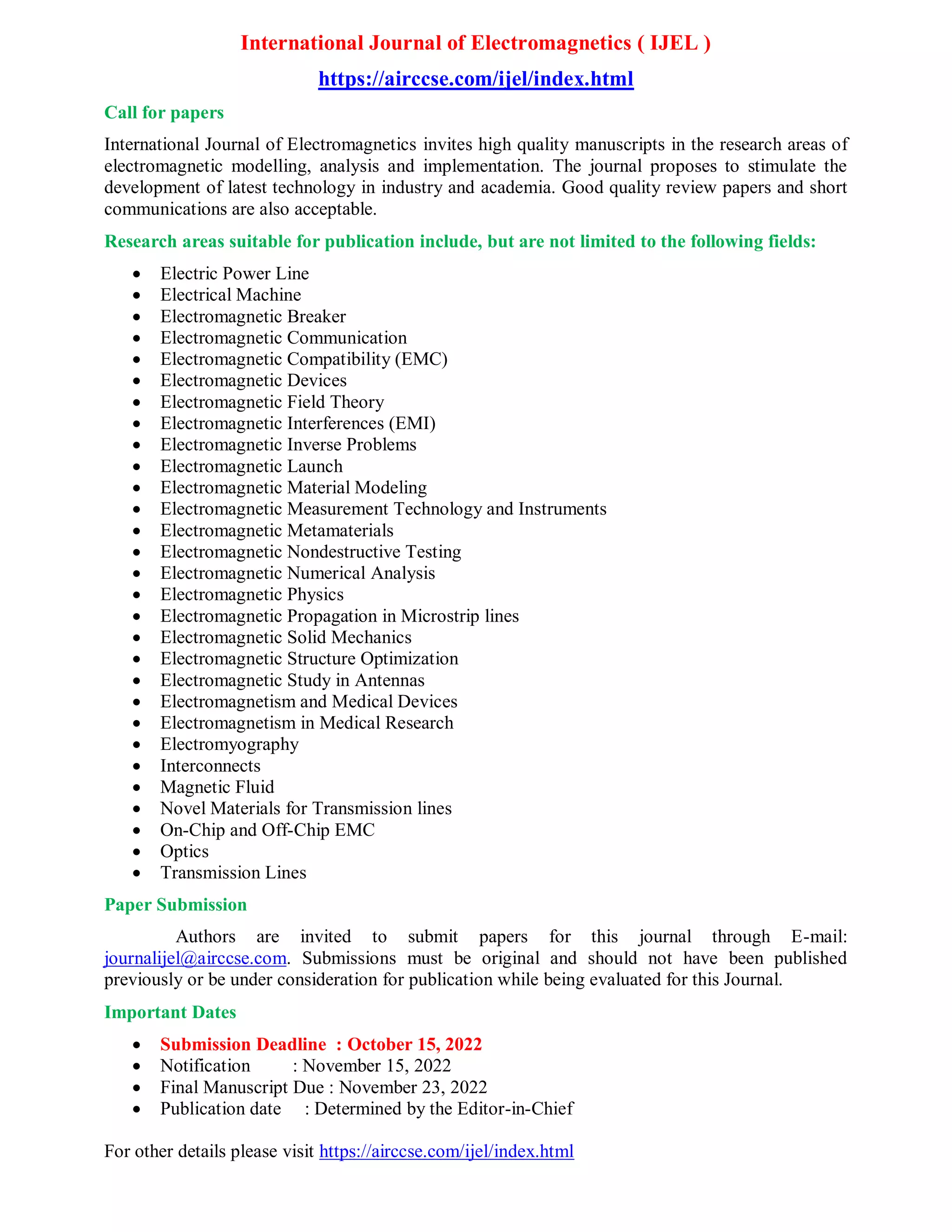 Call for Papers - International Journal of Electromagnetics (IJEL) | PDF