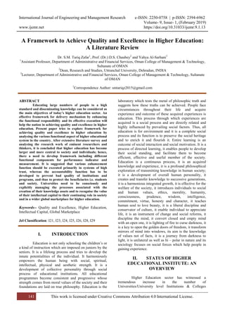A Framework to Achieve Quality and Excellence in Higher Education: A ...