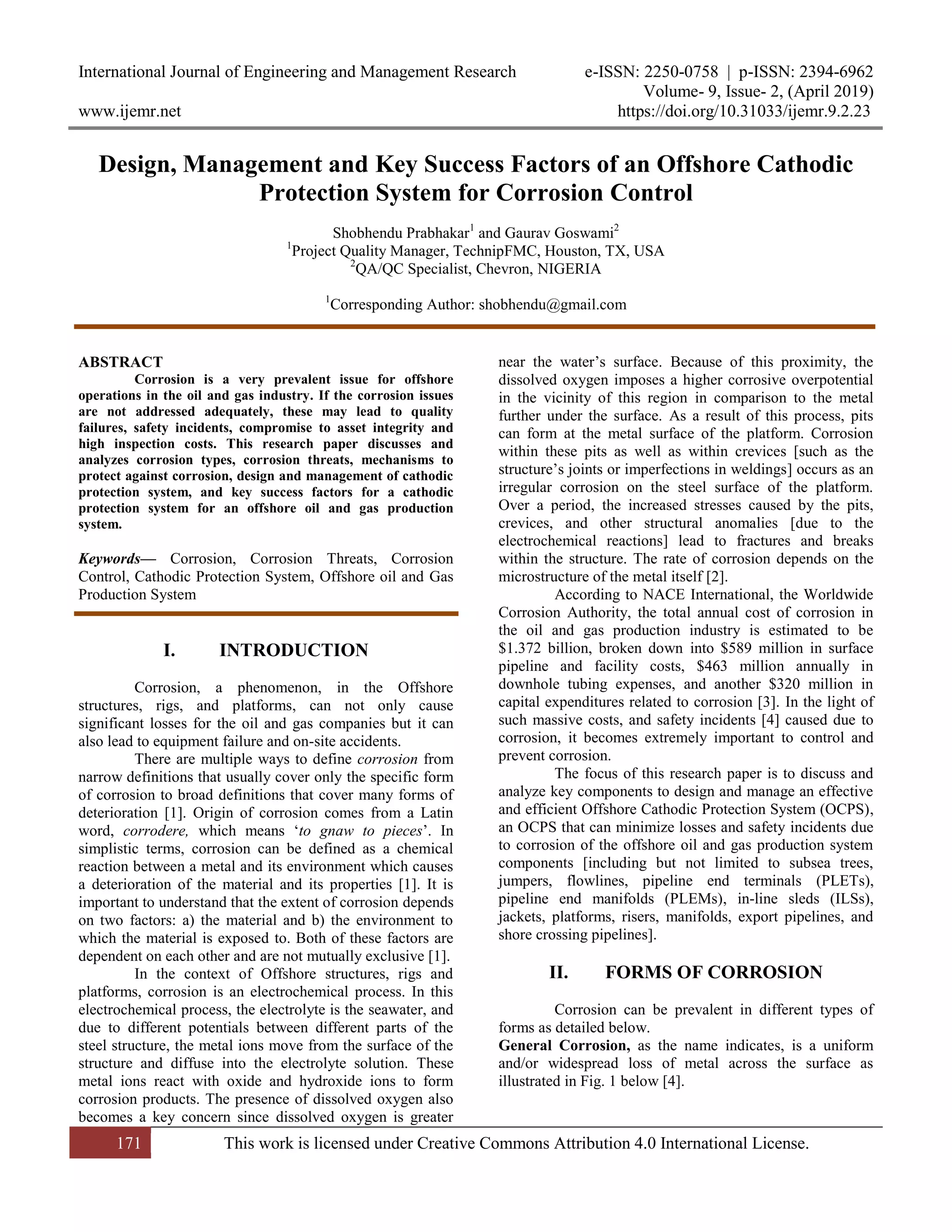 Design, Management and Key Success Factors of an Offshore Cathodic Protection System for ...