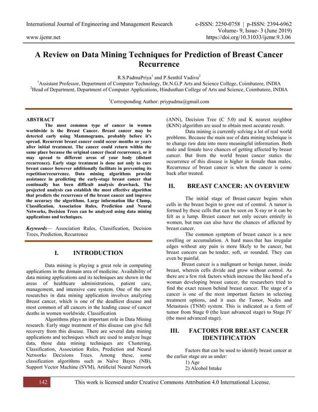 A Review on Data Mining Techniques for Prediction of Breast Cancer Recurrence | PDF | Cancer ...