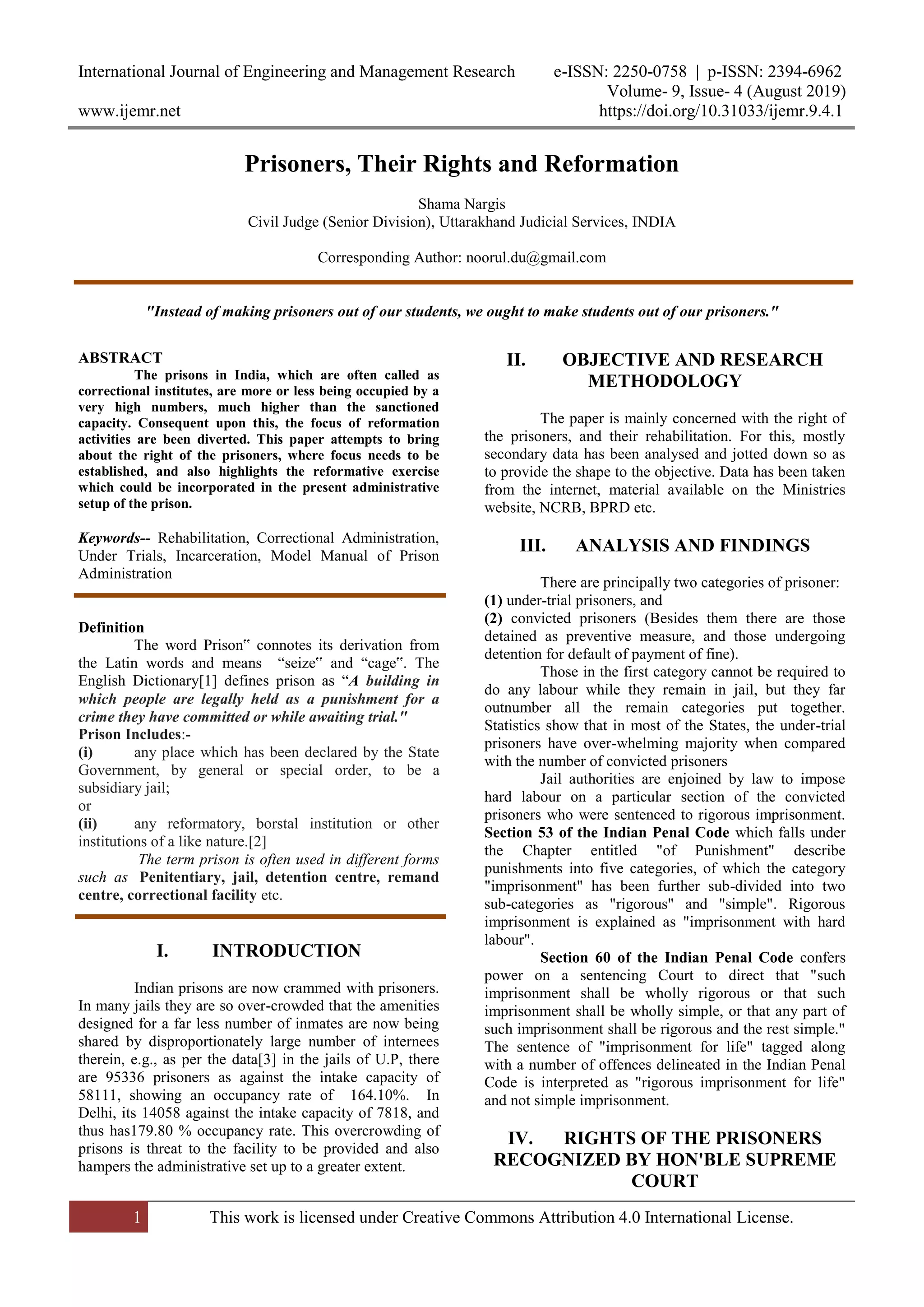 Prisoners, Their Rights and Reformation | PDF